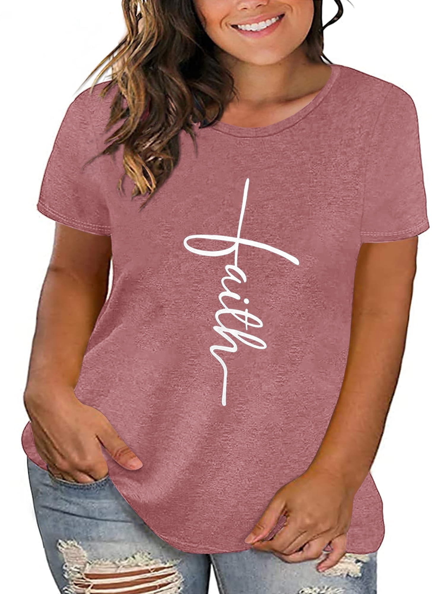 XCHQRTI Faith Flower T-Shirts for Women Plus Size Graphic Tees Athletic ...