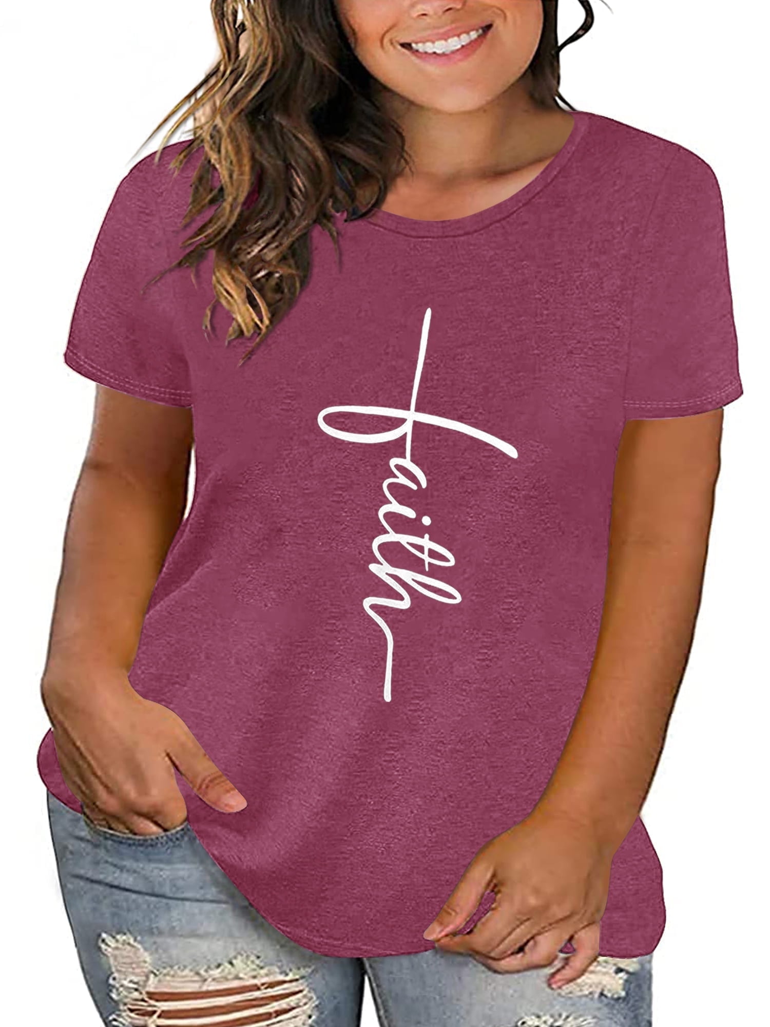 XCHQRTI Faith Flower T-Shirts for Women, Plus Size Graphic Christian ...