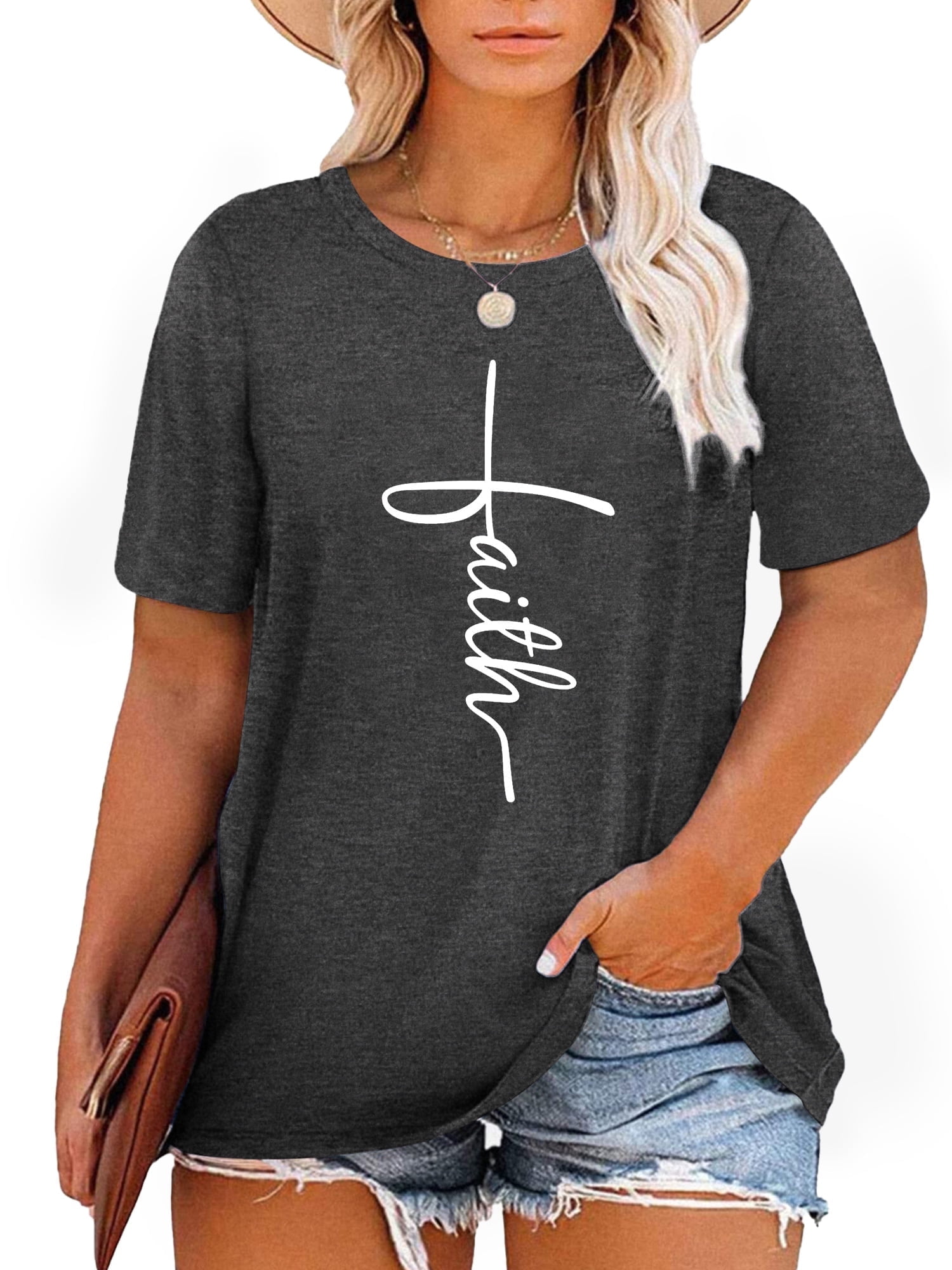 XCHQRTI Faith Flower T-Shirts for Women Plus Size Graphic Tees Athletic ...