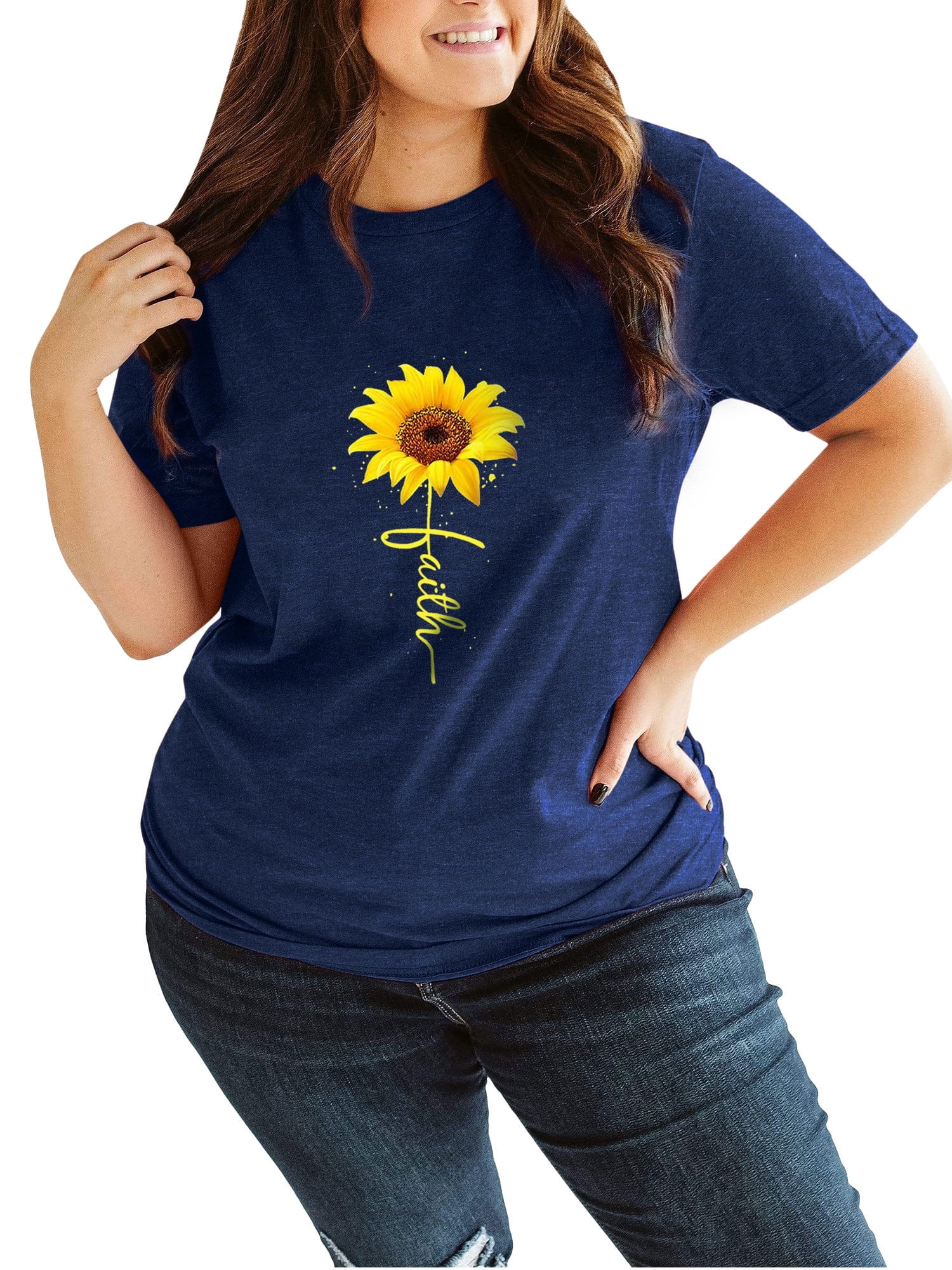 XCHQRTI Faith T Shirt Plus Women Graphic Tees Sunflower Christian Tops ...