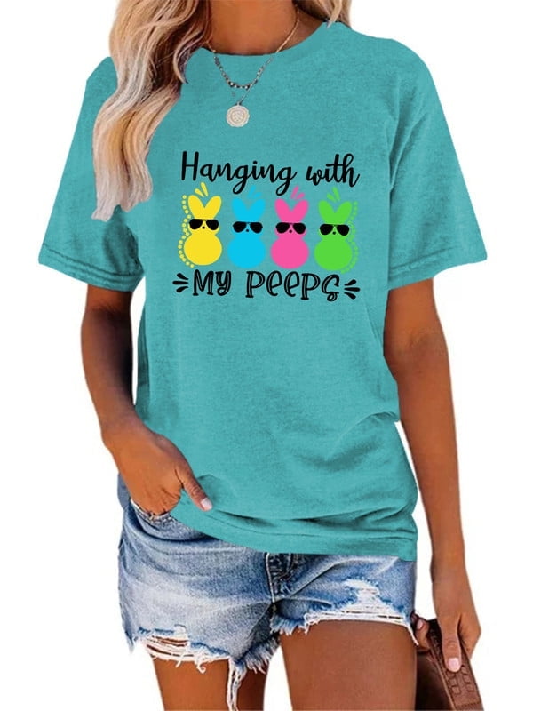 XCHQRTI Happy Easter Shirt for Women Short Sleeve Graphic Rabbit Cute ...