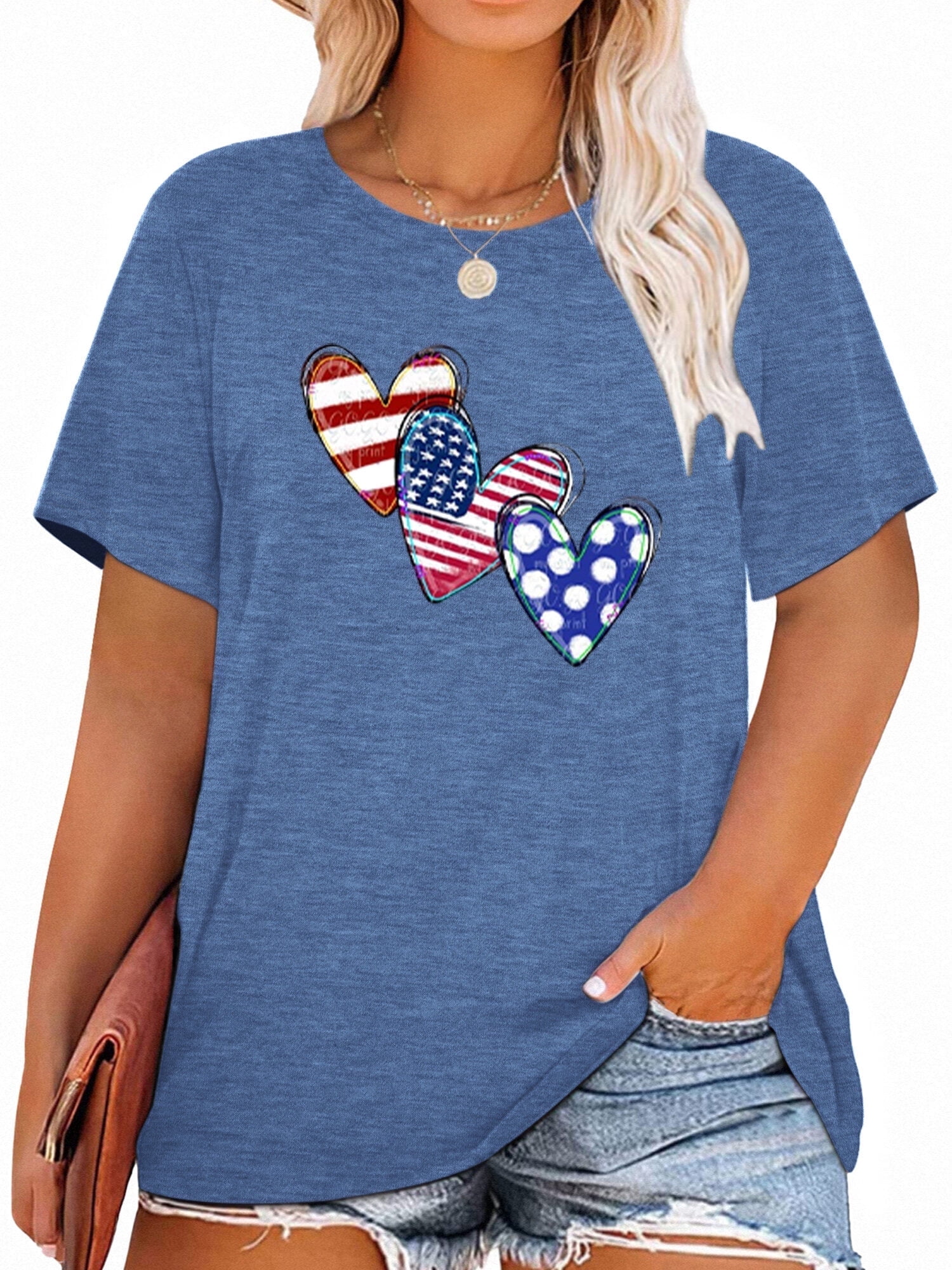 XCHQRTI Heart Women Graphic Shirt Plus Size 4th of July Short Sleeve ...
