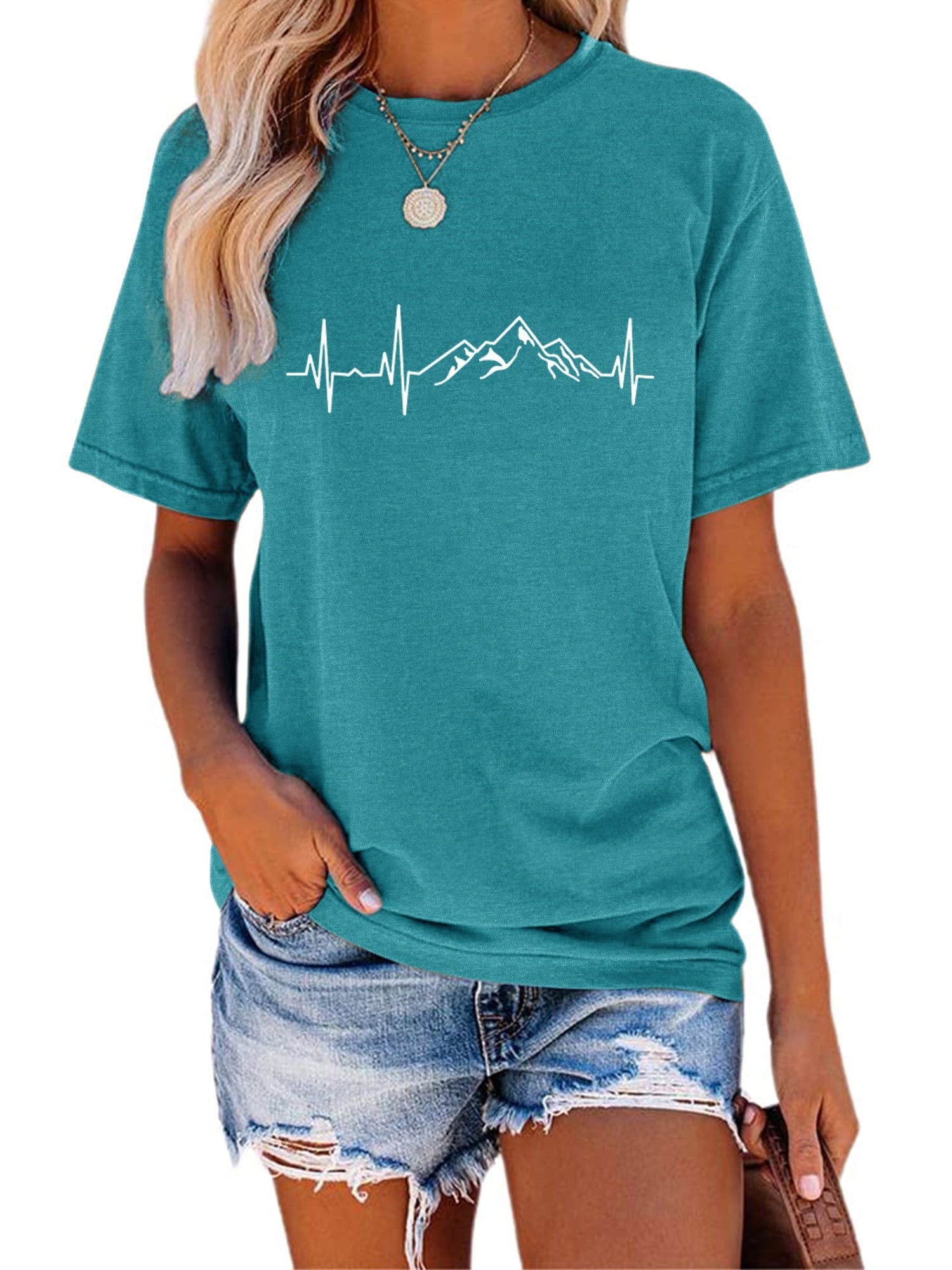XCHQRTI Mountain Heartbeat Shirt Hiking Tshirts Women T-Shirt Athletic ...