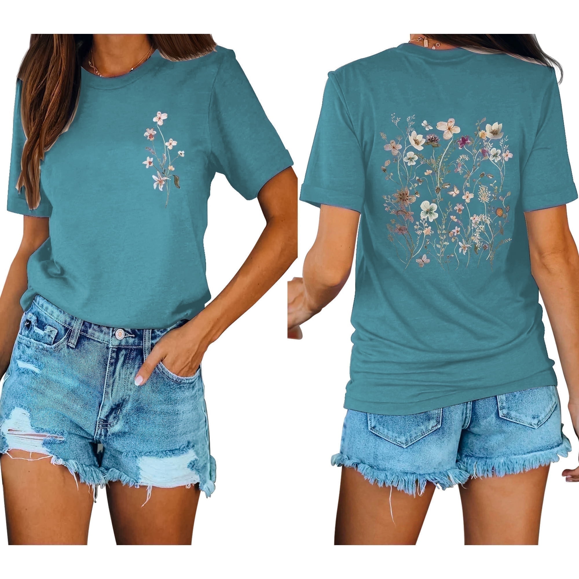 XCHQRTI Mountain Heartbeat Tshirt Flower Graphic Tees Women Ladies Tee ...
