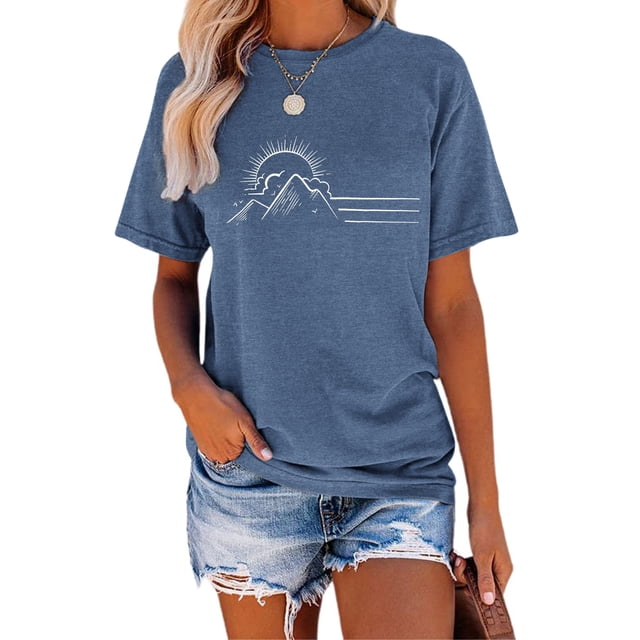 XCHQRTI Women's Mountain Heartbeat Graphic Tee, Short Sleeve, Cotton ...
