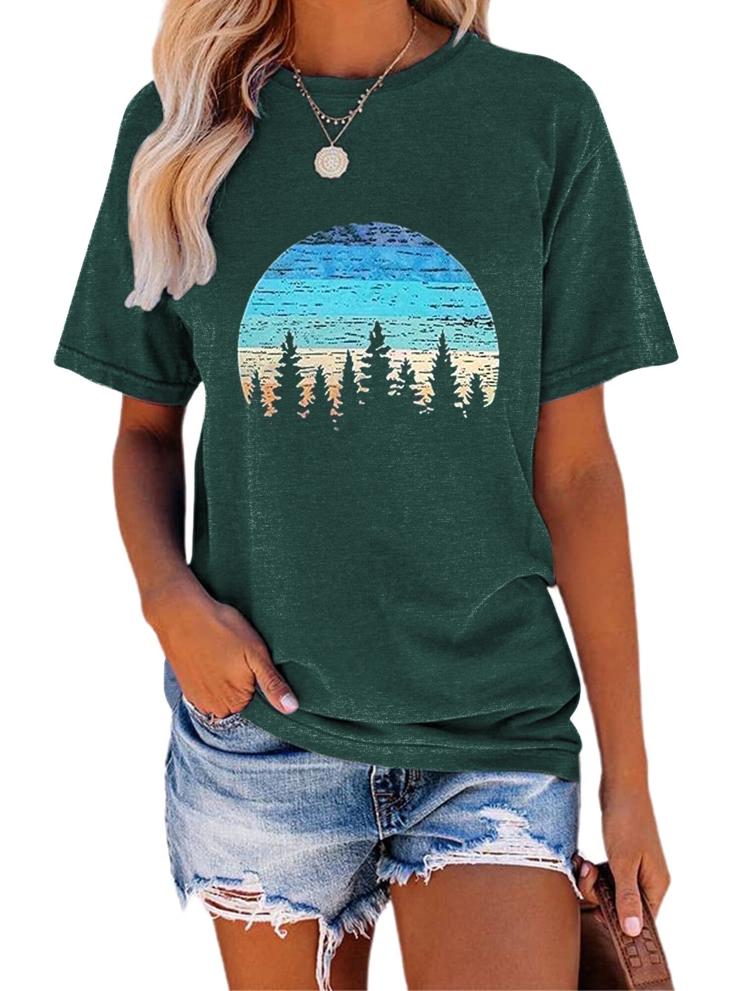 XCHQRTI Pine Tree Tshirt Graphic Tees Sunset Women Ladies Tee Shirts ...