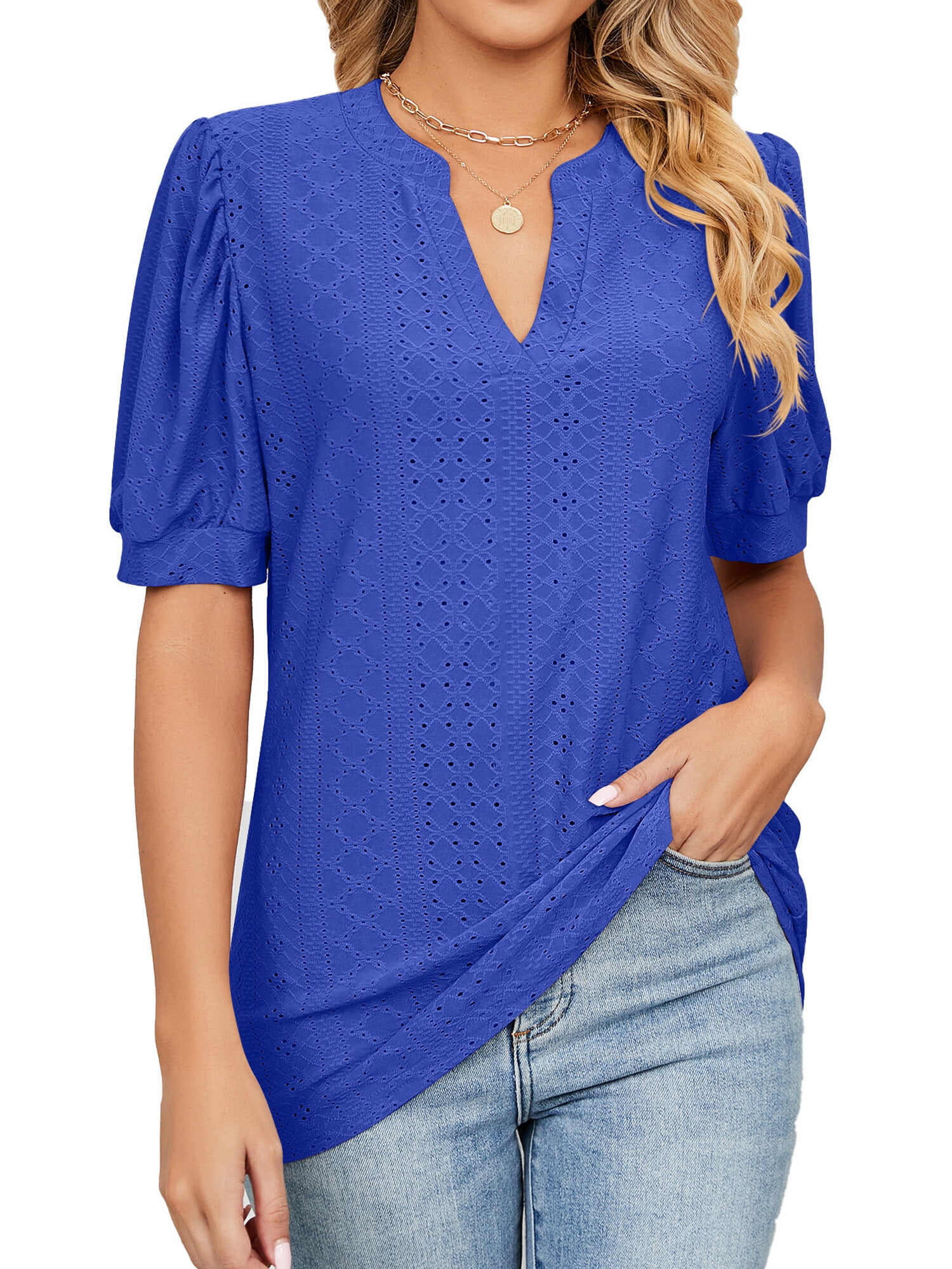 XCHQRTI Pleated Puff Sleeve Shirt Women's V Neck Solid Color Tops ...