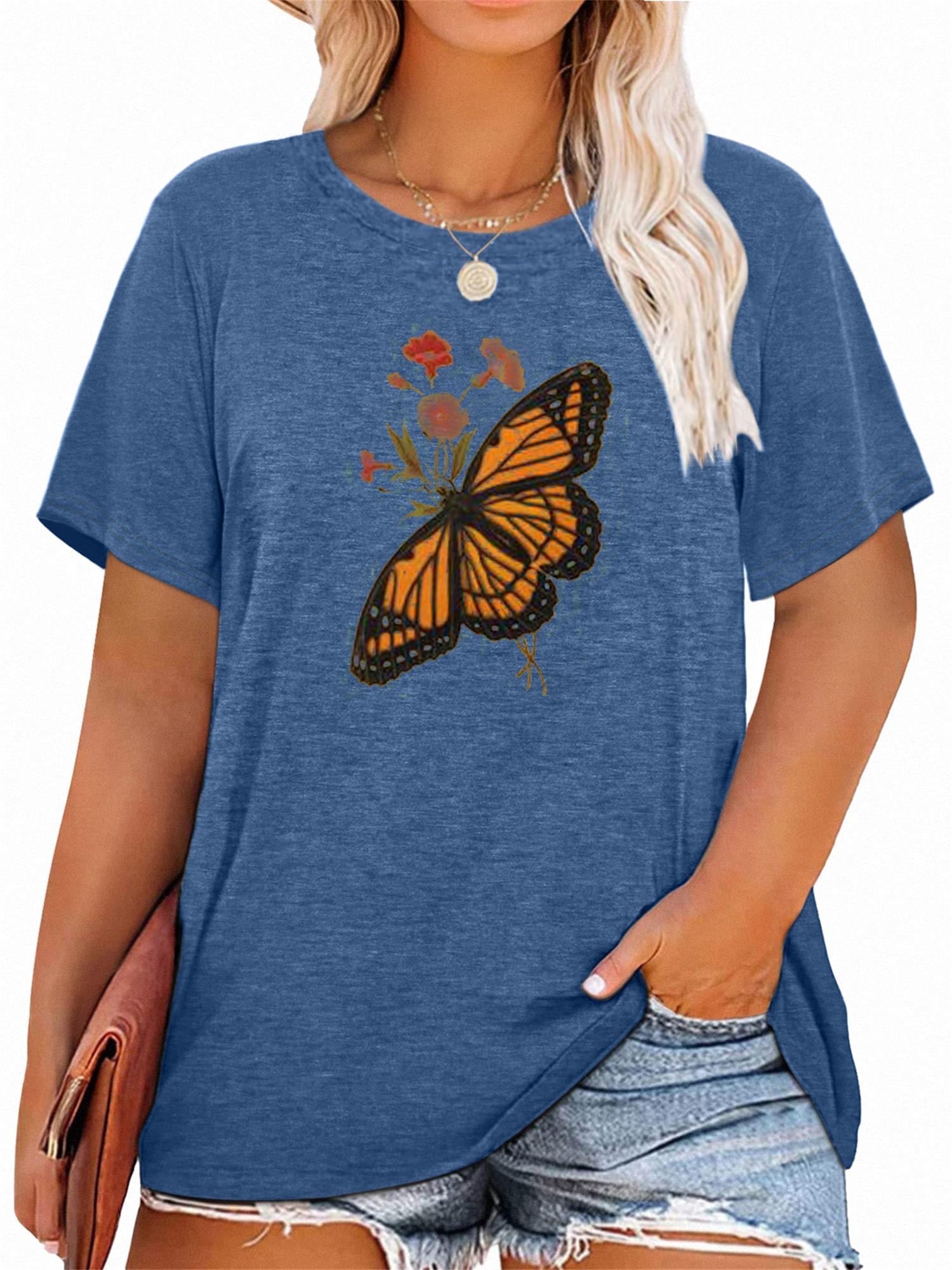 XCHQRTI Plus Size Butterfly Women Shirt Graphic Nature Floral T-Shirts ...