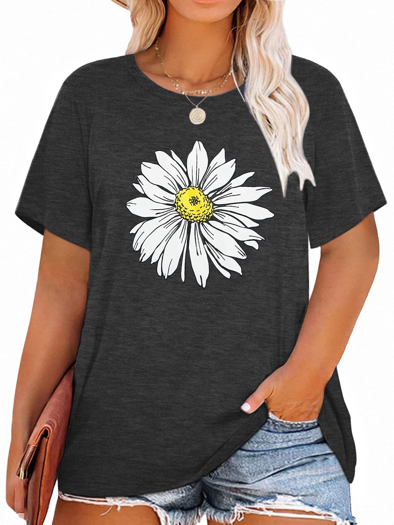 XCHQRTI Plus Size Daisy Women T-Shirt, Oversized Graphic Floral Tee ...