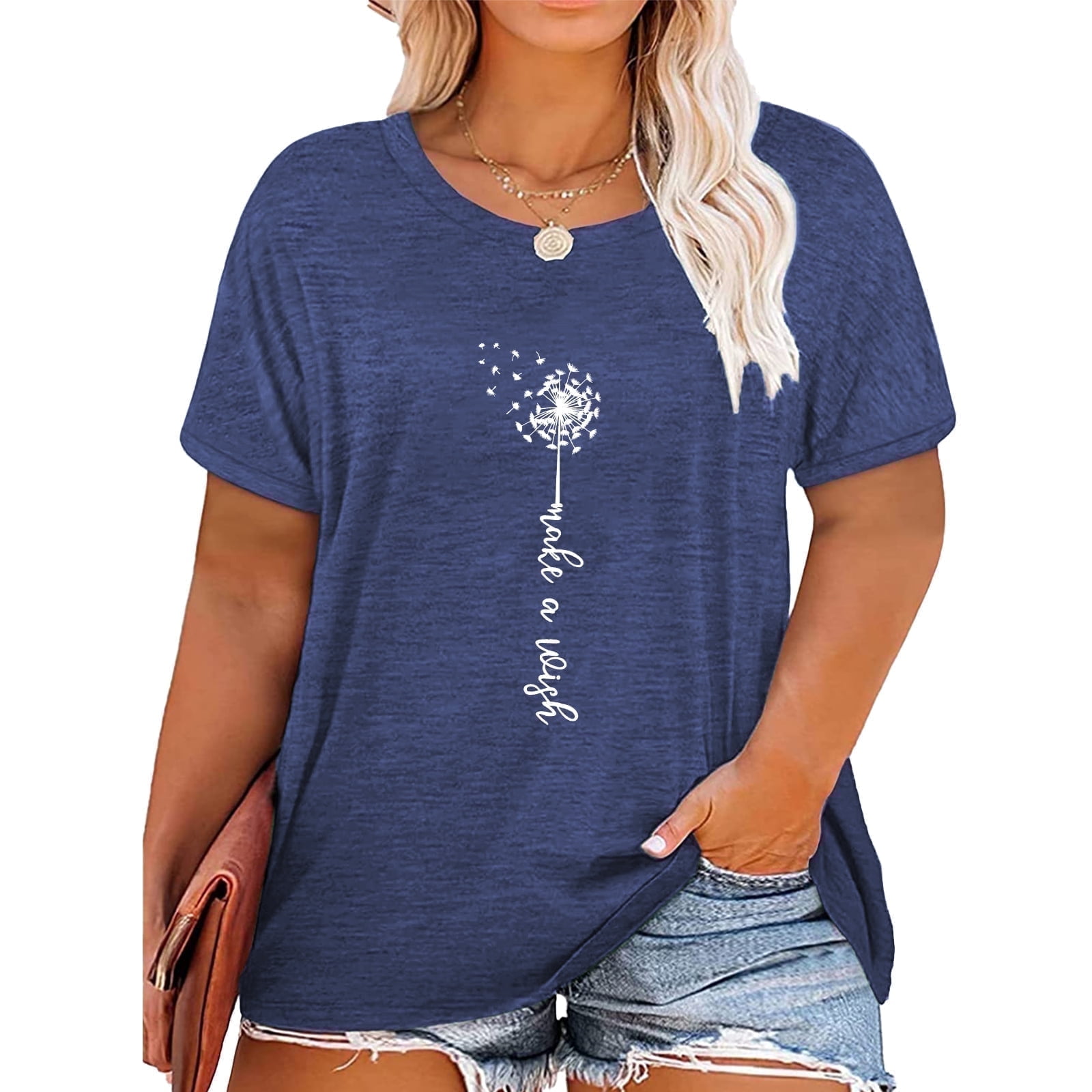 XCHQRTI Women's Plus Size Dandelion Graphic Tee, Short Sleeve, Loose ...
