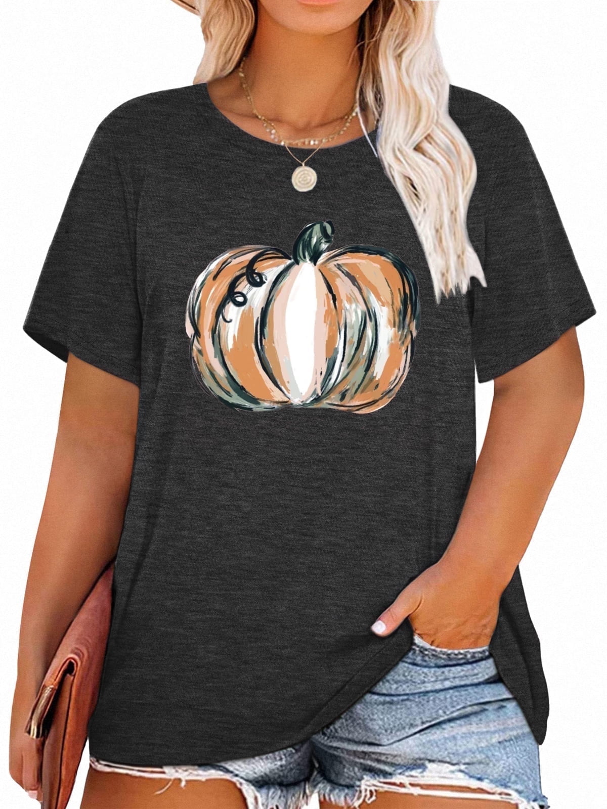 XCHQRTI Pumpkin Plus Size Women Tshirt Its Fall Yall Thanksgiving Short ...