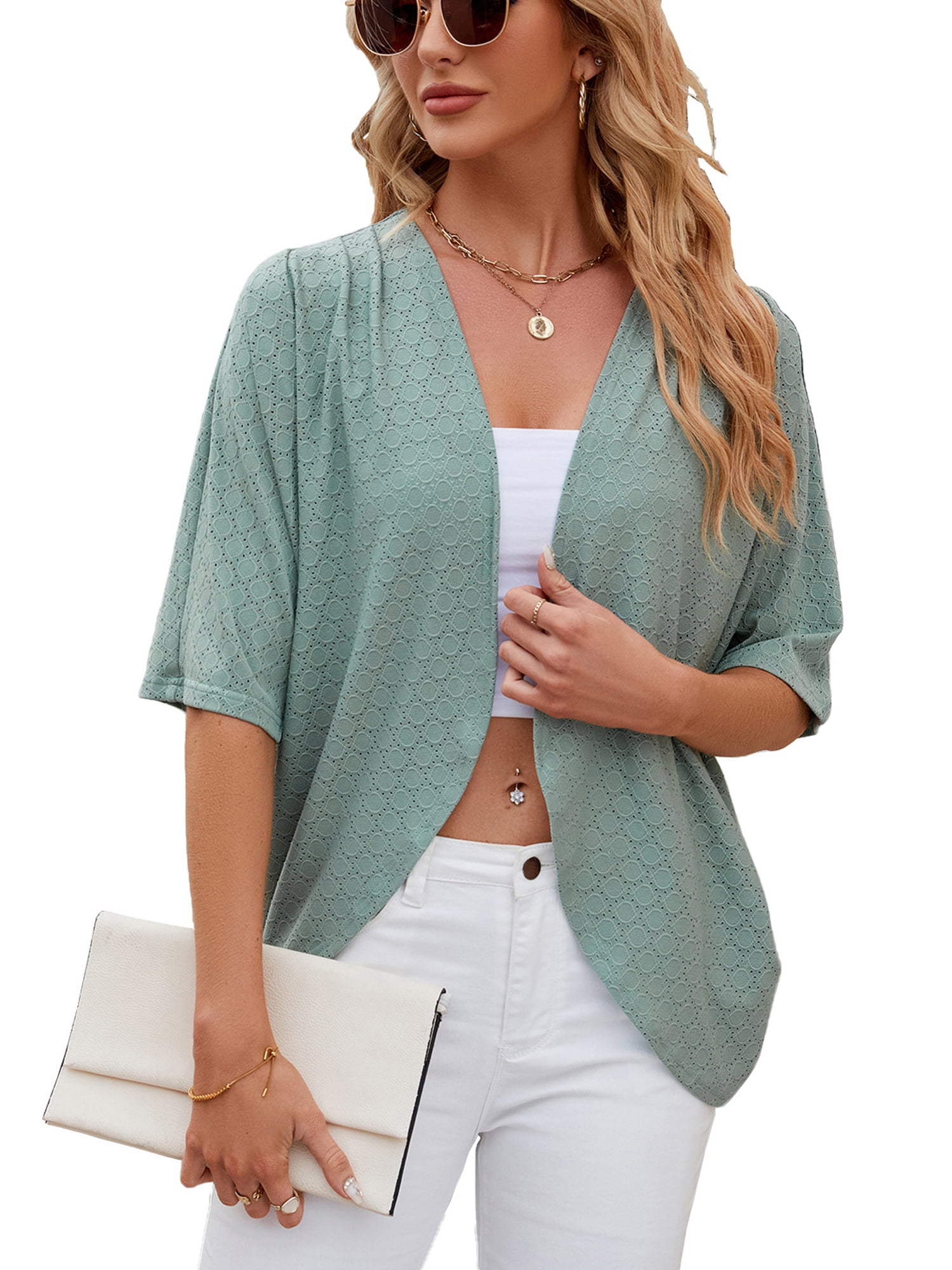 XCHQRTI Solid Color Cardigan for Women Irregular Hem Flowing Open Front Shirt Slim Fit 3/4 ...