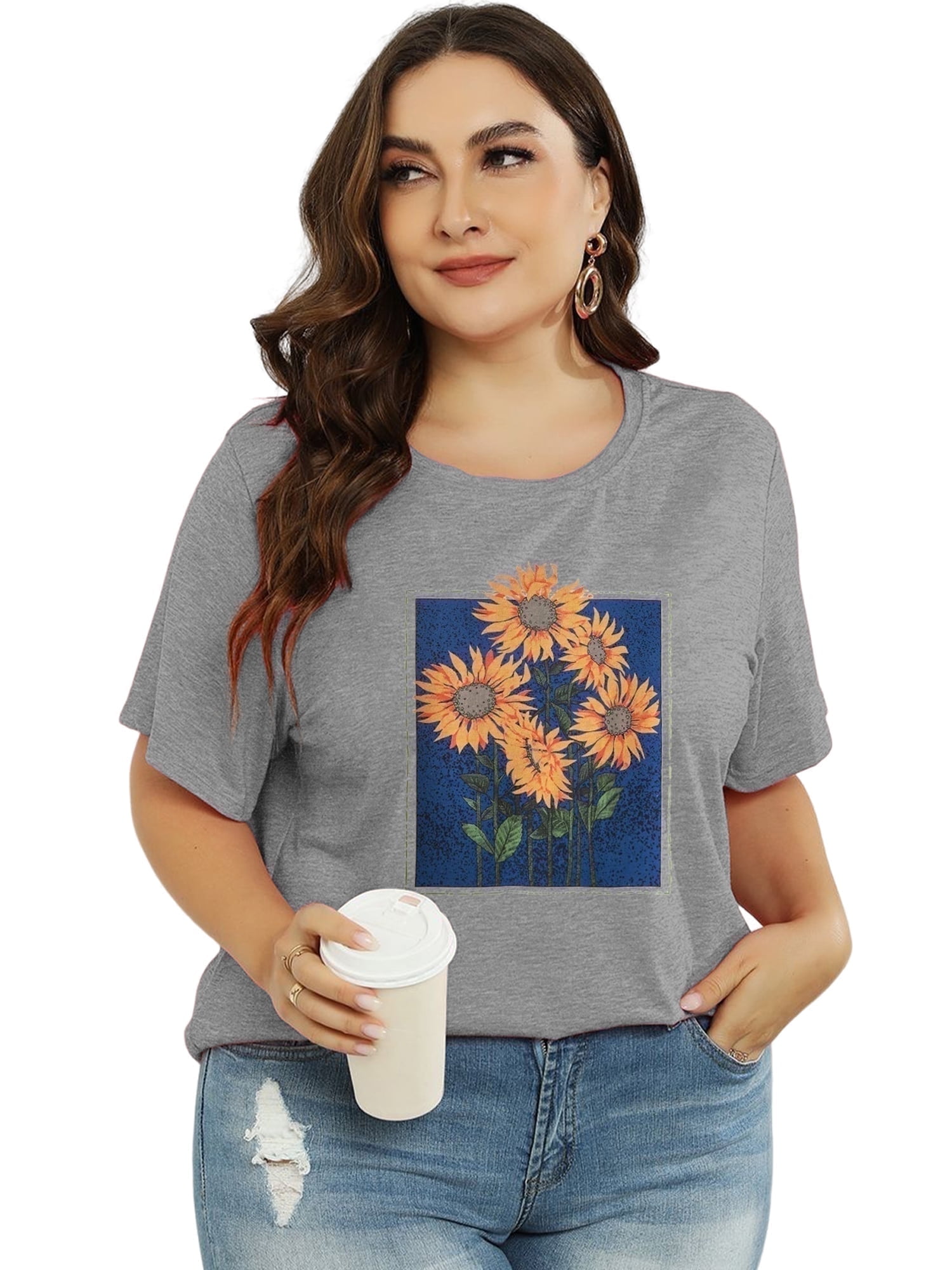 XCHQRTI Sunflower Shirts for Womens Plus Size Short Sleeves T-Shirt ...