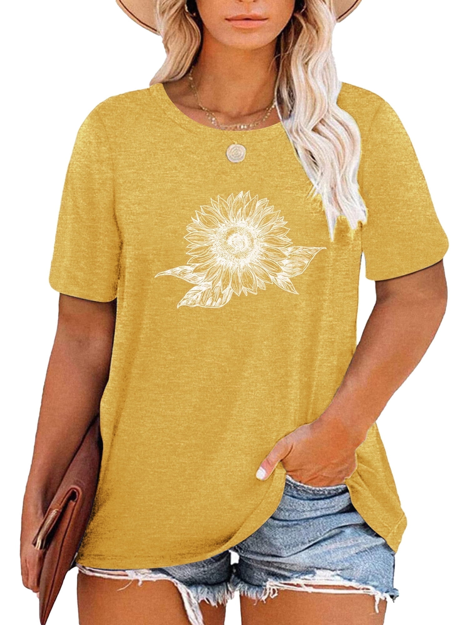 XCHQRTI Sunflower Shirts for Womens Plus Size Short Sleeves T-Shirt ...