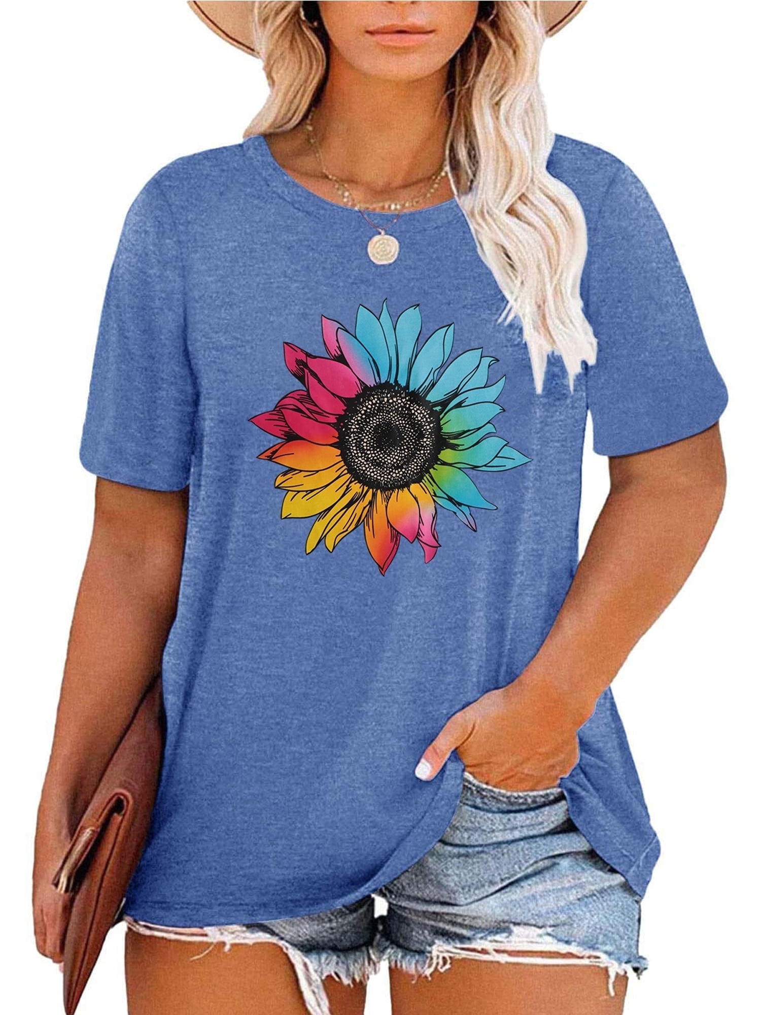 XCHQRTI Sunflower Shirts for Womens Plus Size Short Sleeves T-Shirt ...