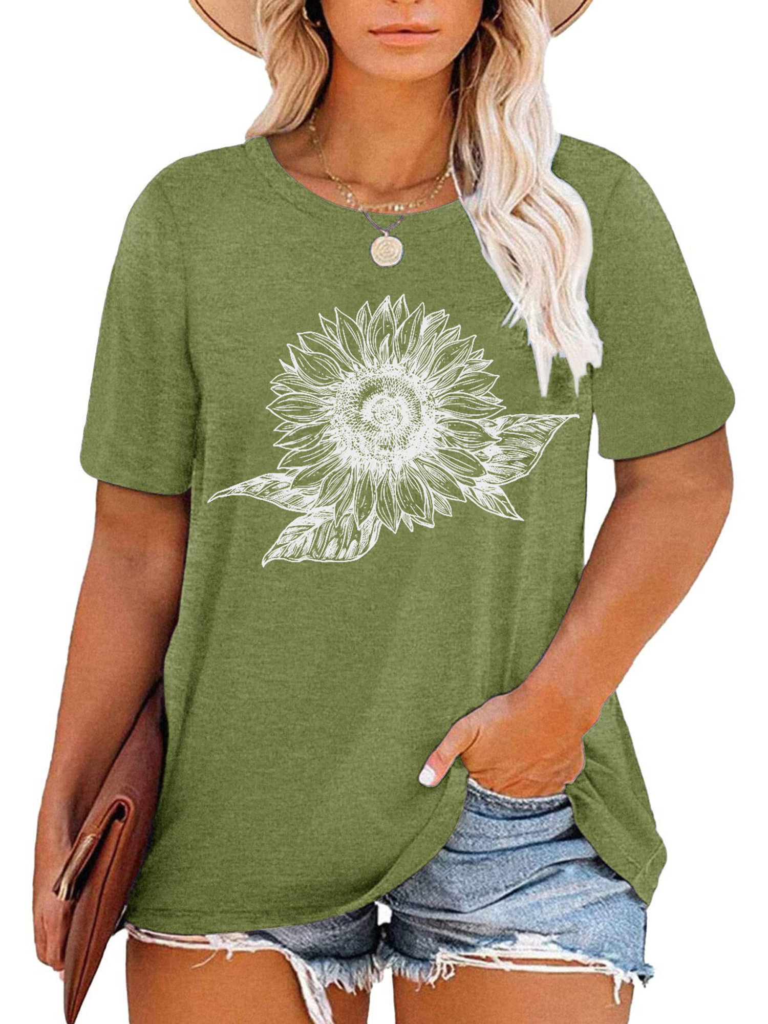 XCHQRTI Sunflower Shirts for Womens Plus Size Short Sleeves T-shirt Graphic Oversized Flower ...