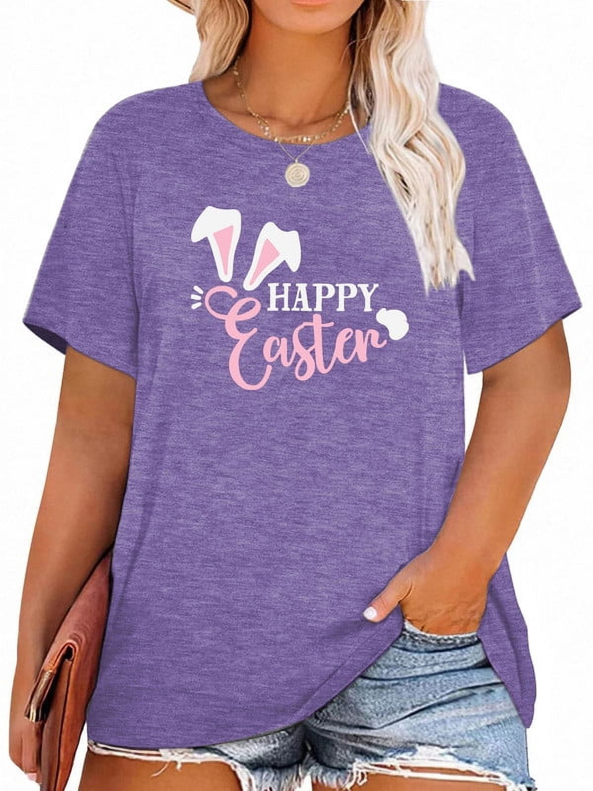 XCHQRTI Women Happy Easter Shirts Short Sleeves Plus Size T shirt Tops ...