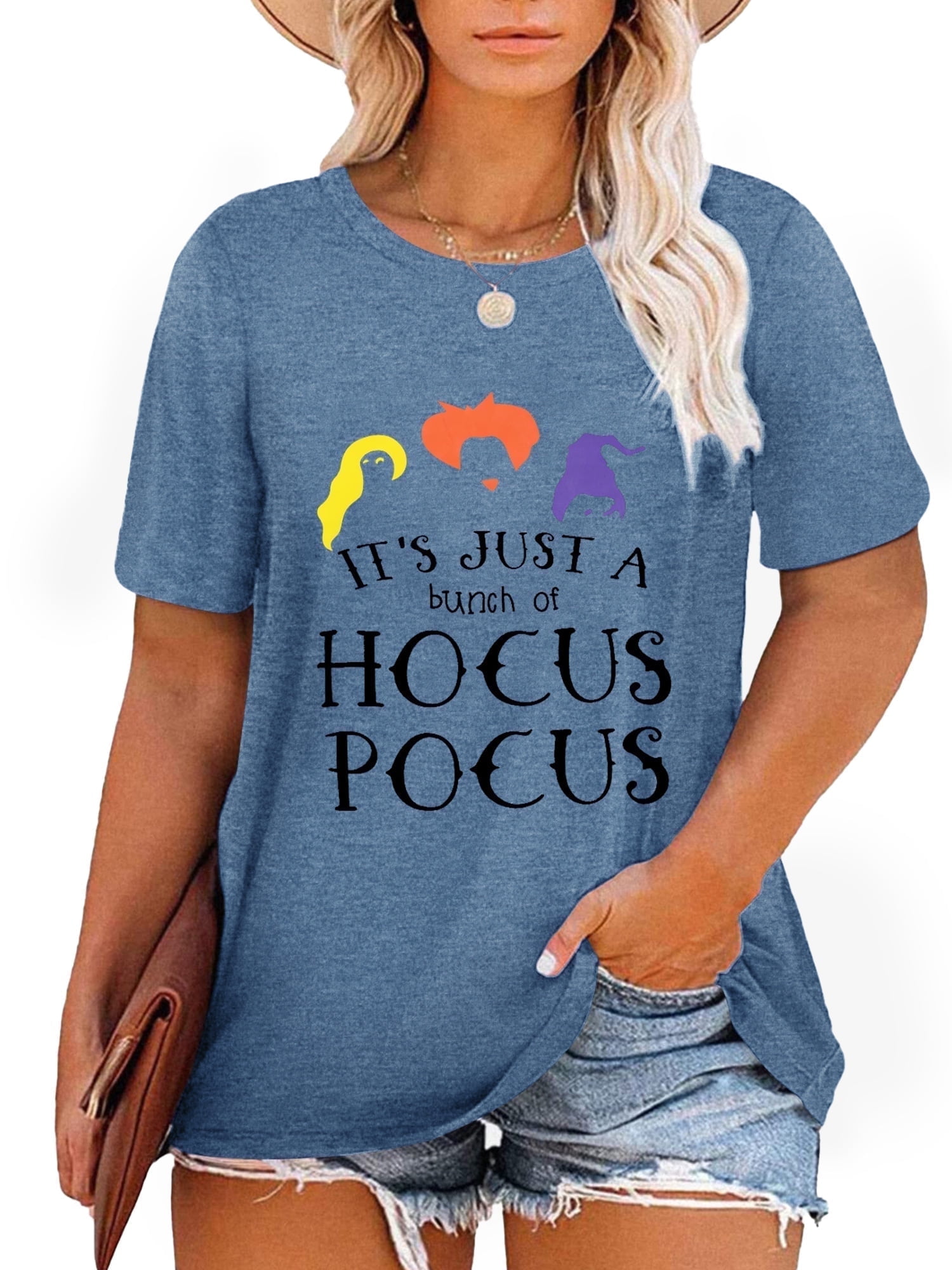 XCHQRTI Women Plus Size Hocus Pocus Shirt Graphic Halloween Casual ...