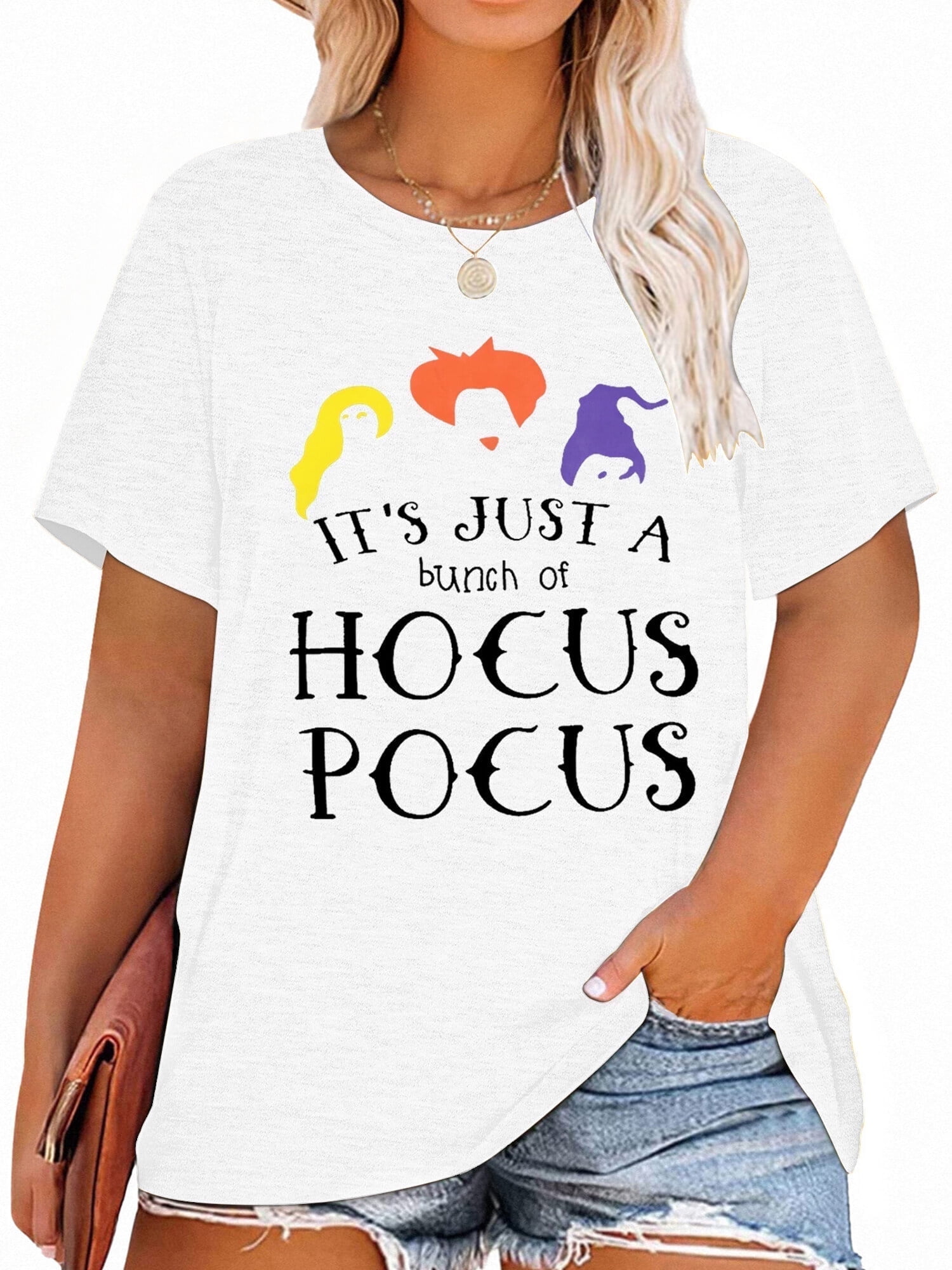 XCHQRTI Women Plus Size Hocus Pocus Shirt Graphic Halloween Casual ...