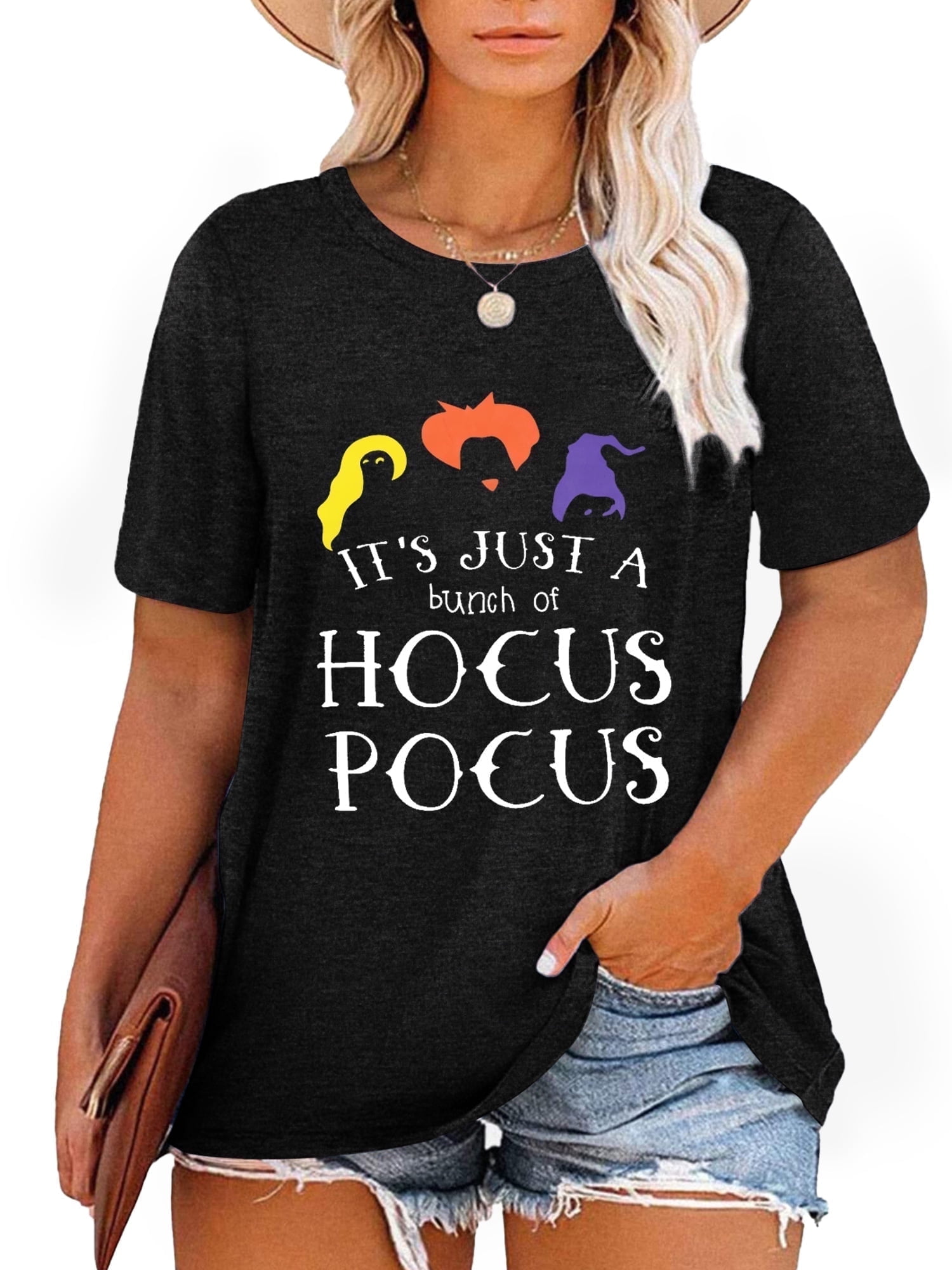 XCHQRTI Women Plus Size Hocus Pocus Shirt Graphic Halloween Casual ...