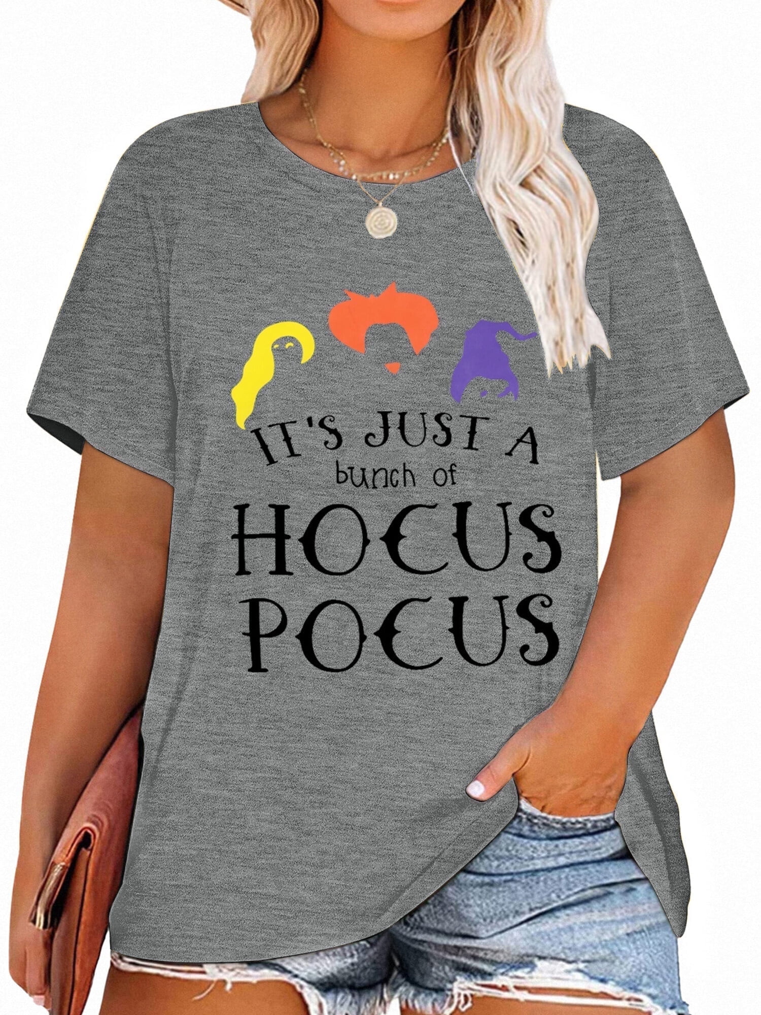 XCHQRTI Women Plus Size Hocus Pocus Shirt Graphic Halloween Casual ...