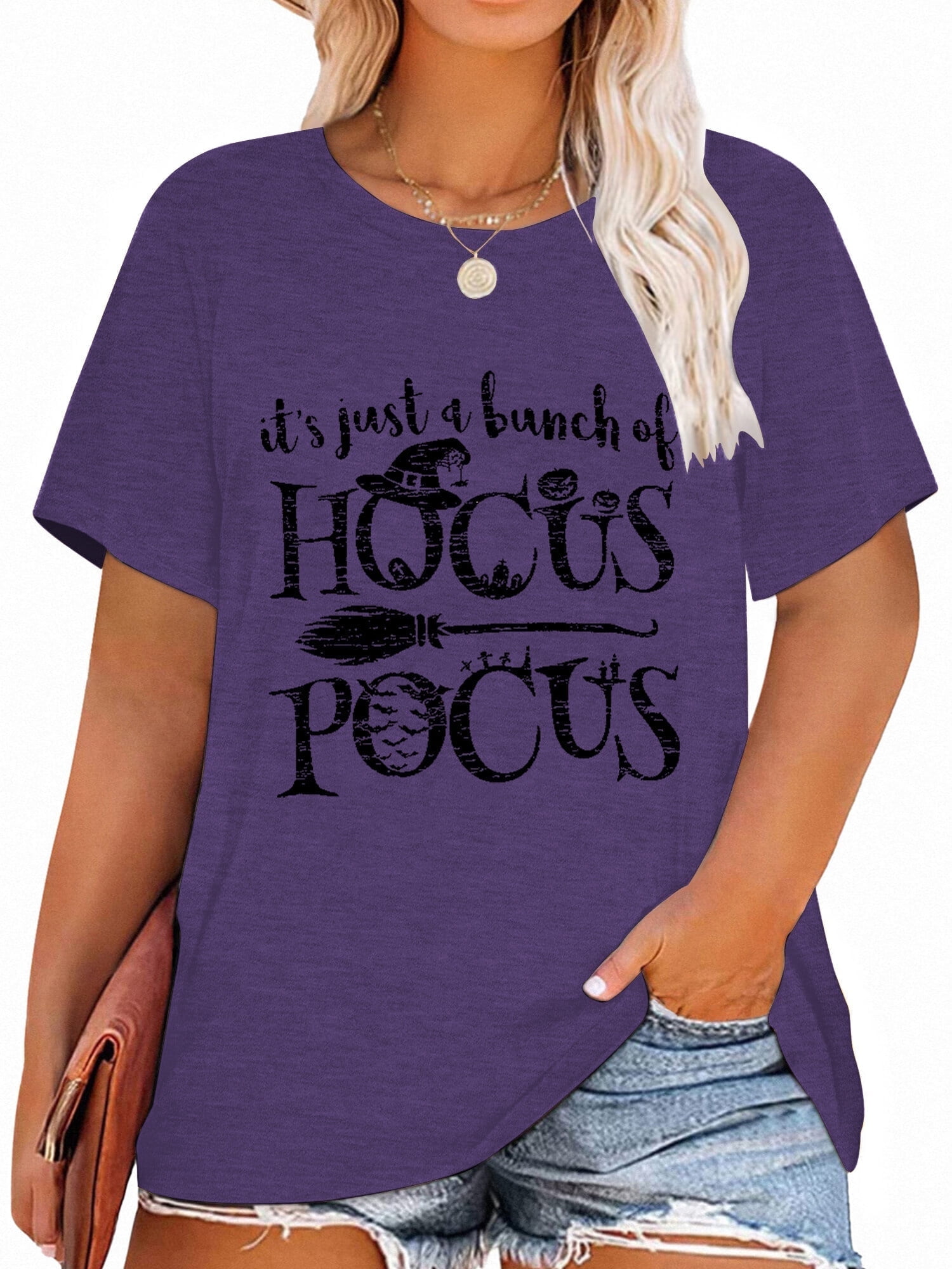 XCHQRTI Women Plus Size Hocus Pocus Shirt Graphic Halloween Casual ...