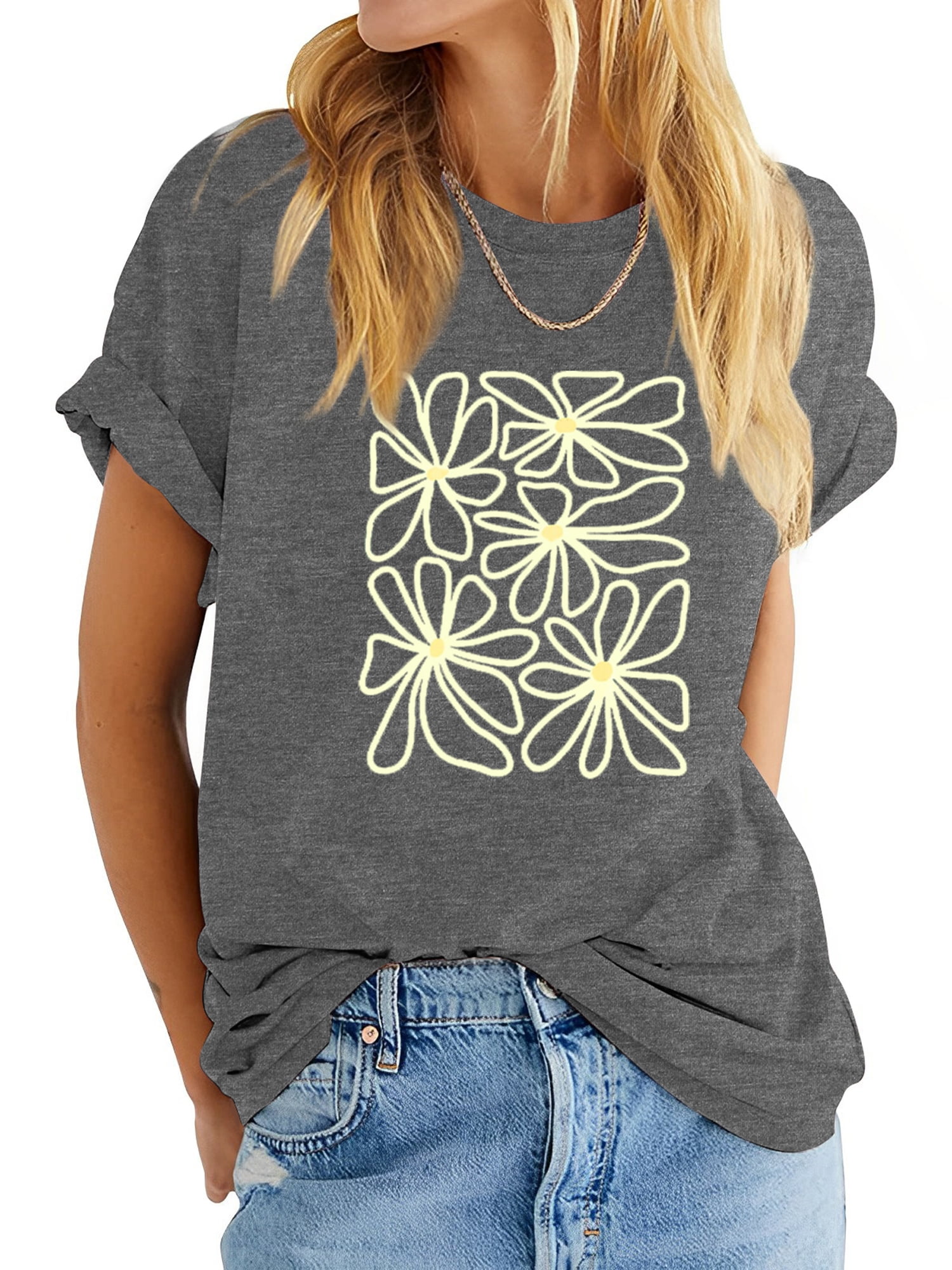 XCHQRTI Women's Cute Flower Graphic Tshirts Casual Boyfriend Tshirt ...