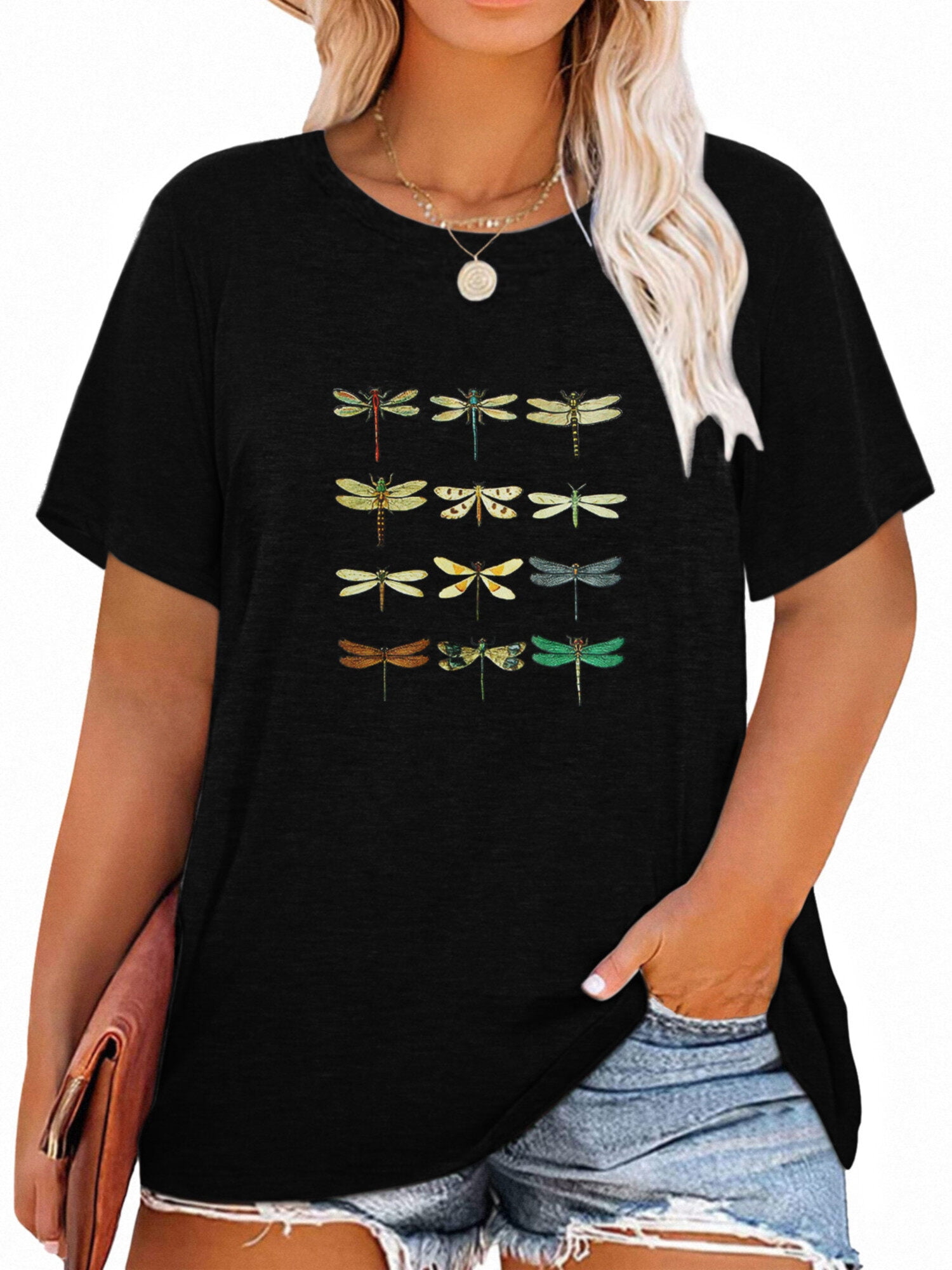 XCHQRTI Women's Dragonfly Tee Shirts Plus Size Graphic Tshirts Flower ...