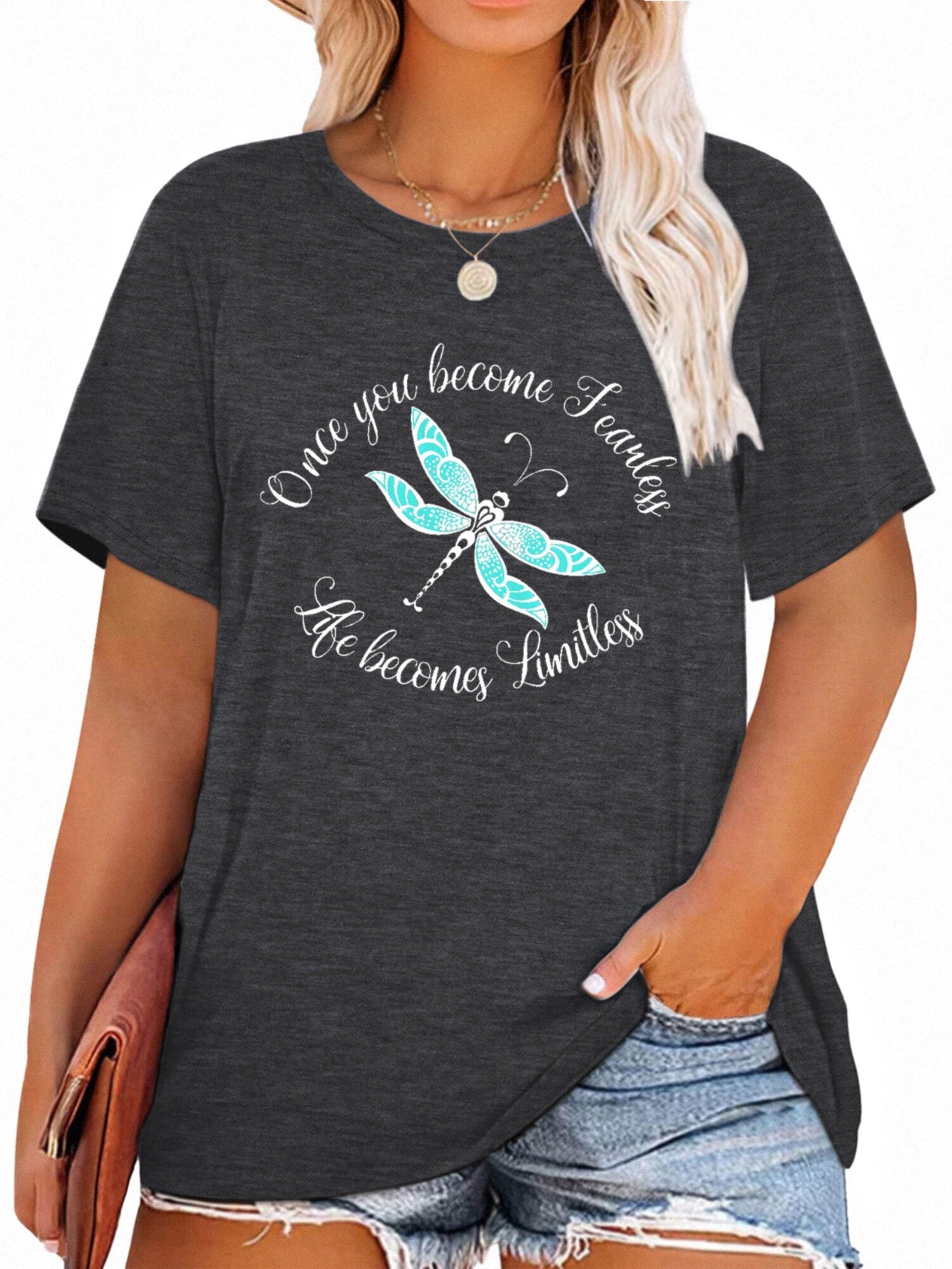 XCHQRTI Women's Dragonfly Tee Shirts Plus Size Graphic Tshirts Flower ...