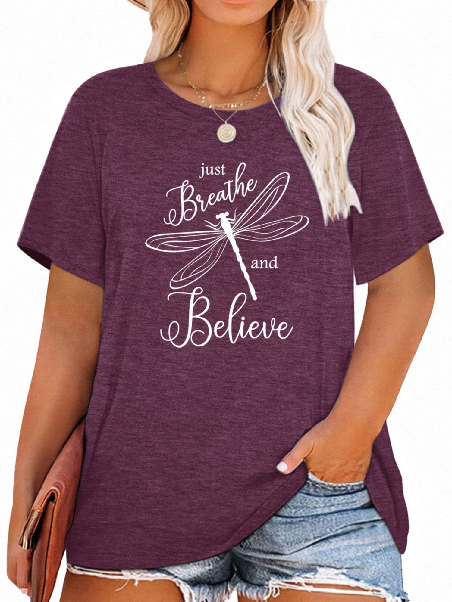 XCHQRTI Women's Dragonfly Tee Shirts Plus Size Graphic Tshirts Flower ...