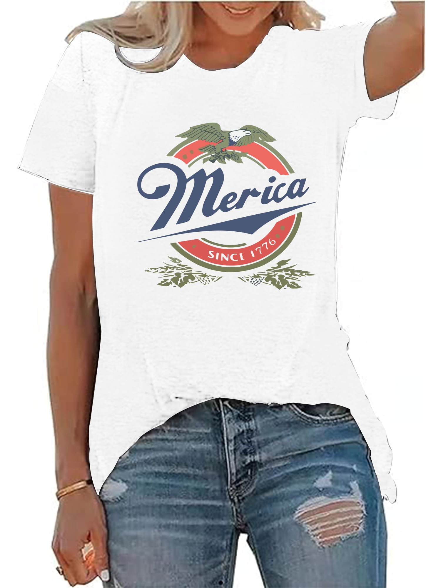 XCHQRTI Women's Merica Shirt American Flag Tee Short Sleeve 4th of July ...