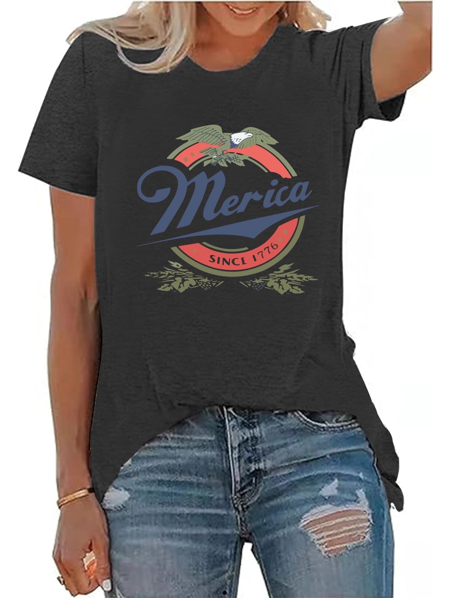 XCHQRTI Women's Merica Shirt American Flag Tee Short Sleeve 4th of July ...