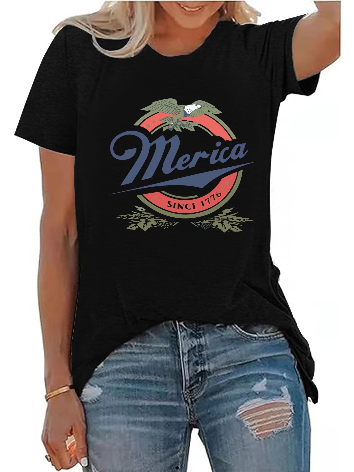 XCHQRTI Women's Merica Shirt American Flag Tee Short Sleeve 4th of July ...