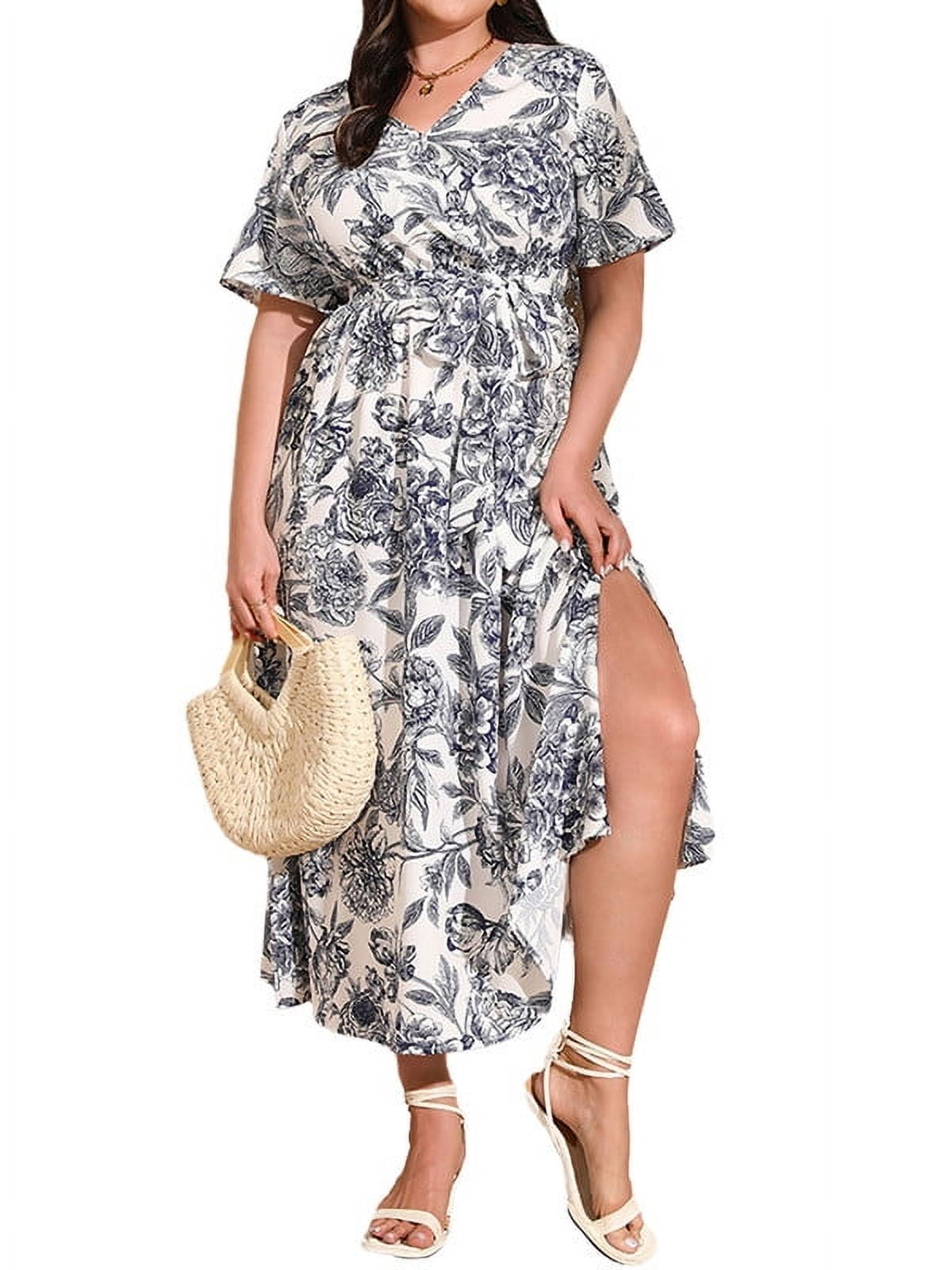 XCHQRTI Women's Plus Size Boho Dress Belted Layered Summer Chiffon V ...