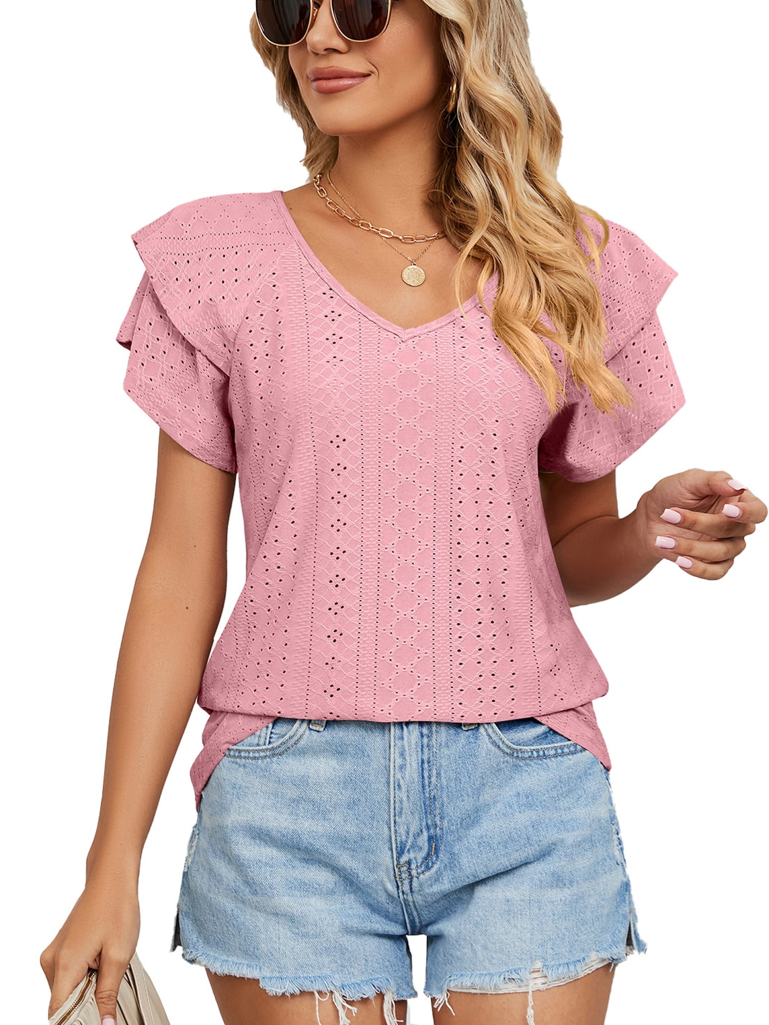 XCHQRTI Women's Ruffle Sleeve Shirts V Neck Flutter Short Sleeve Tunic ...