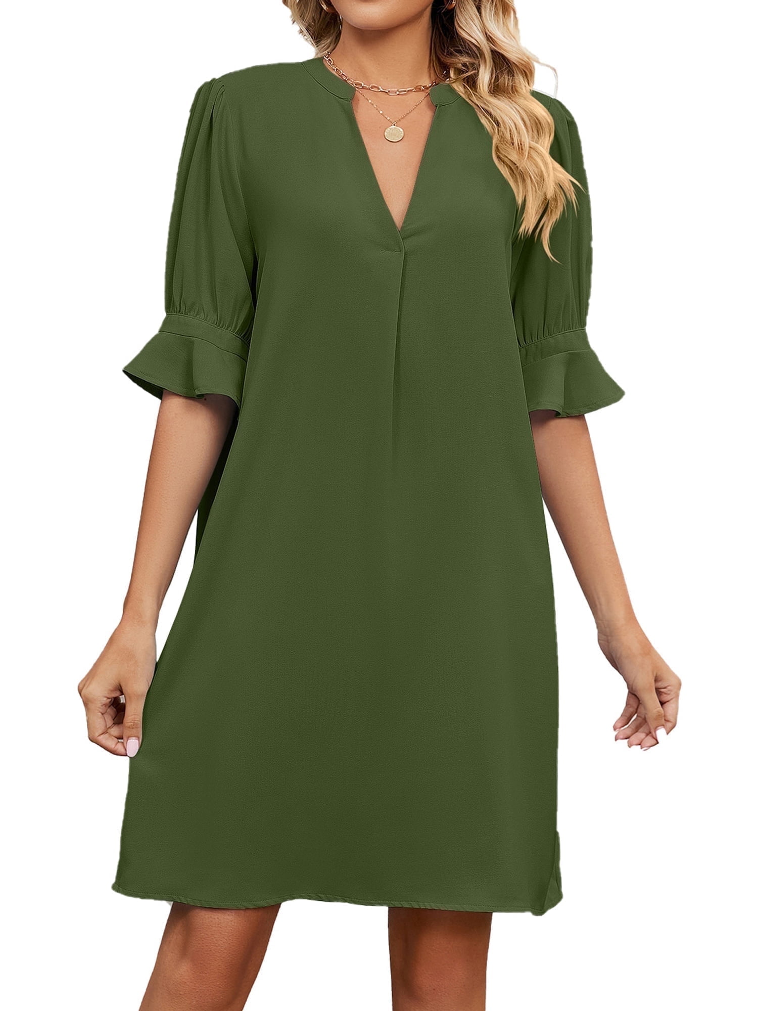 XCHQRTI Women's V Neck Dress Ruffle Sleeves Short Sleeves Dress Tighten ...
