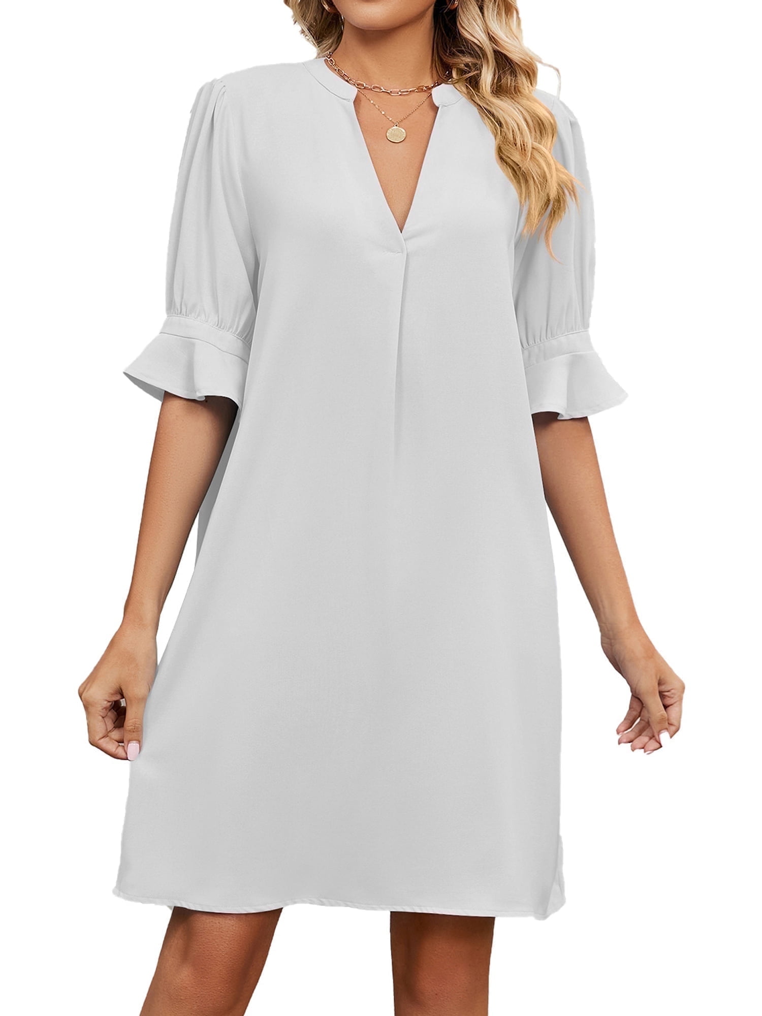 XCHQRTI Women's V Neck Dress Ruffle Sleeves Short Sleeves Dress Tighten ...
