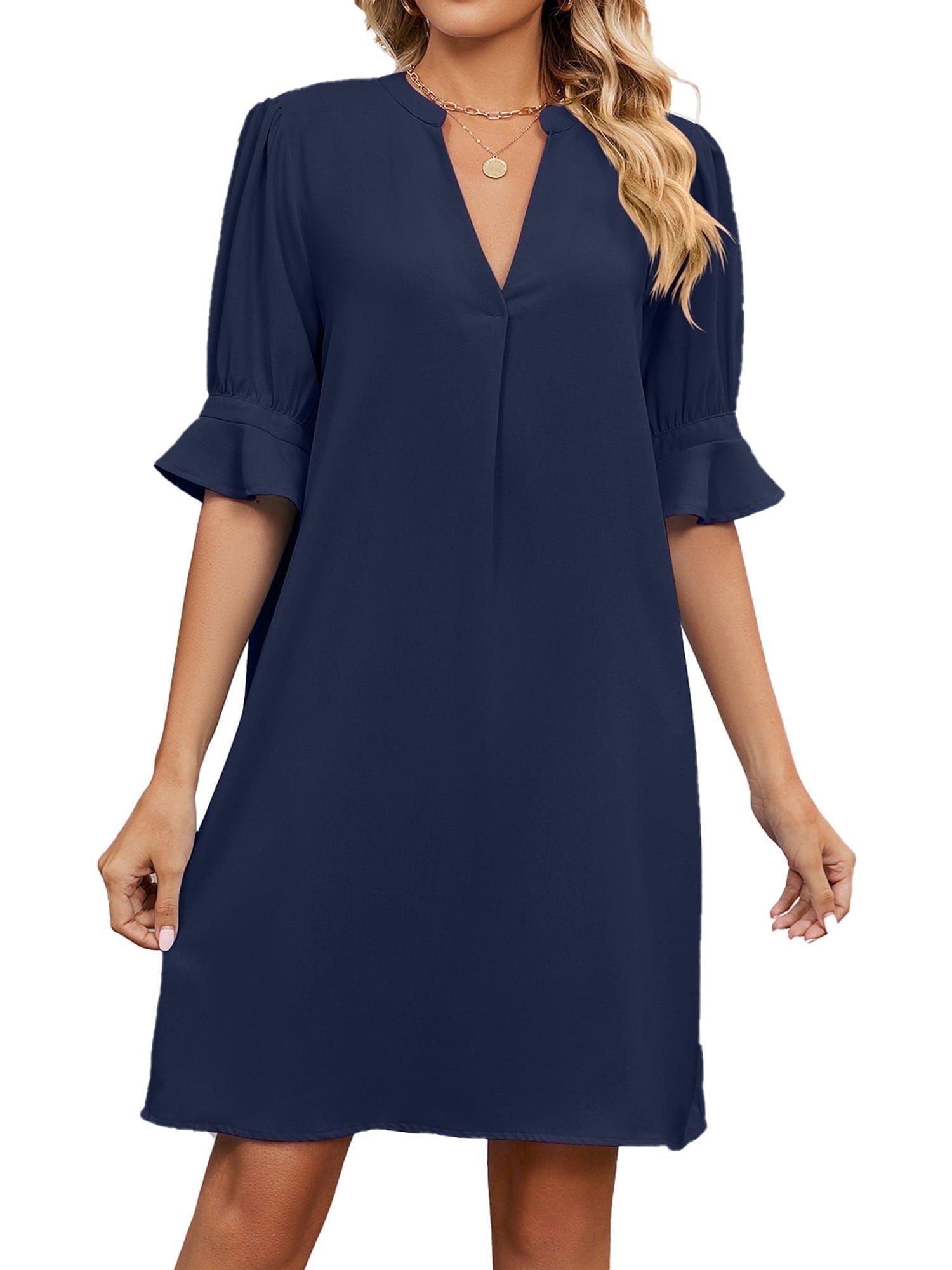 XCHQRTI Women's V Neck Dress Ruffle Sleeves Short Sleeves Dress Tighten ...