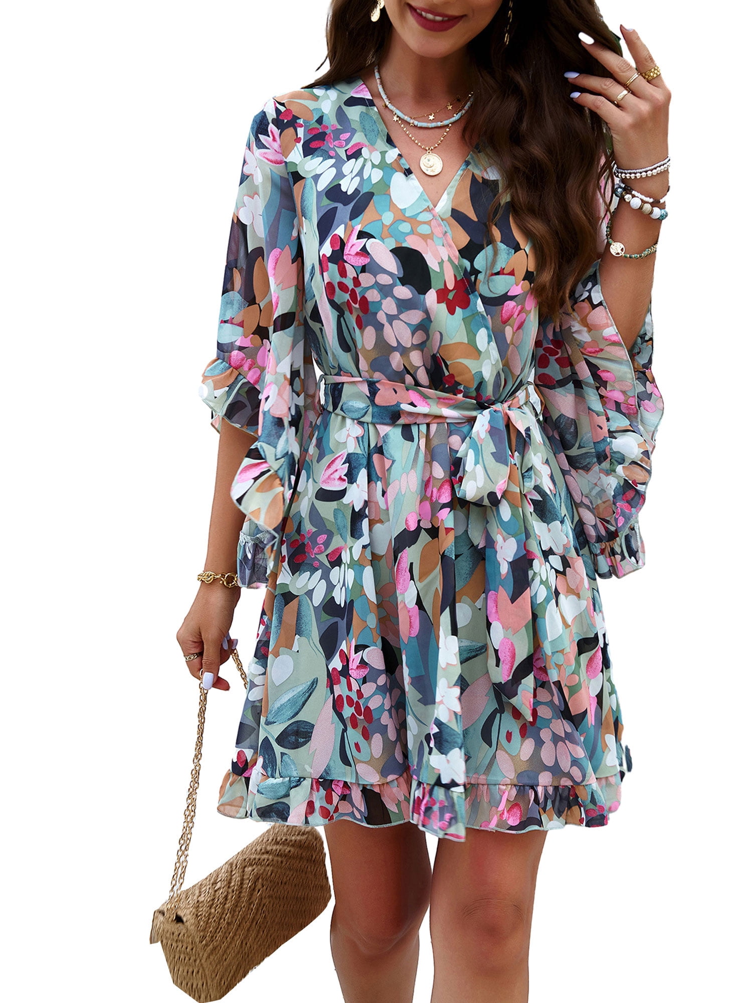 XCHQRTI Women's V Neck Wrap Mini Dress Floral Flowy Ruffle 3/4 Horn ...