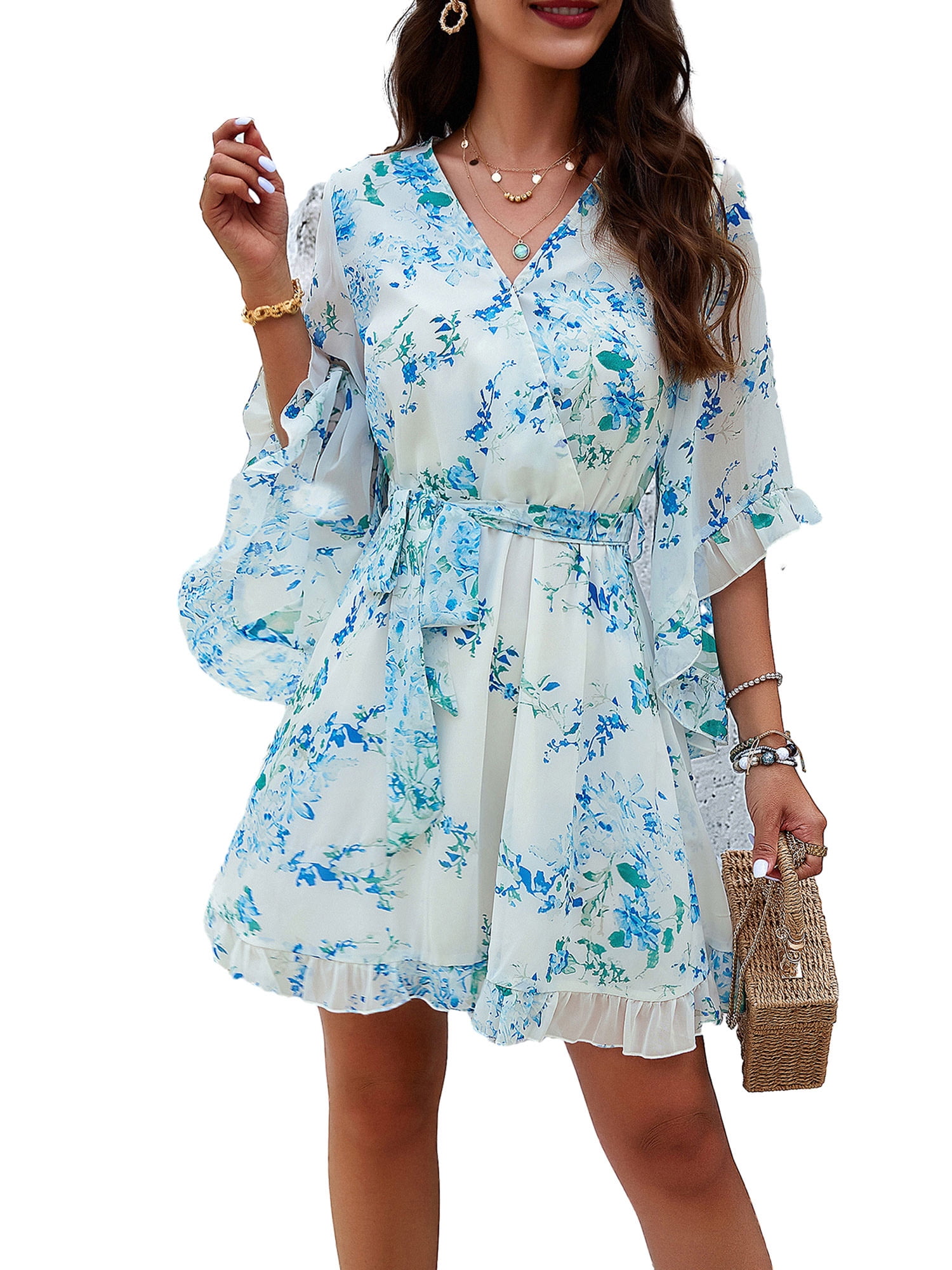 XCHQRTI Women's V Neck Wrap Mini Dress Floral Flowy Ruffle 3/4 Horn ...