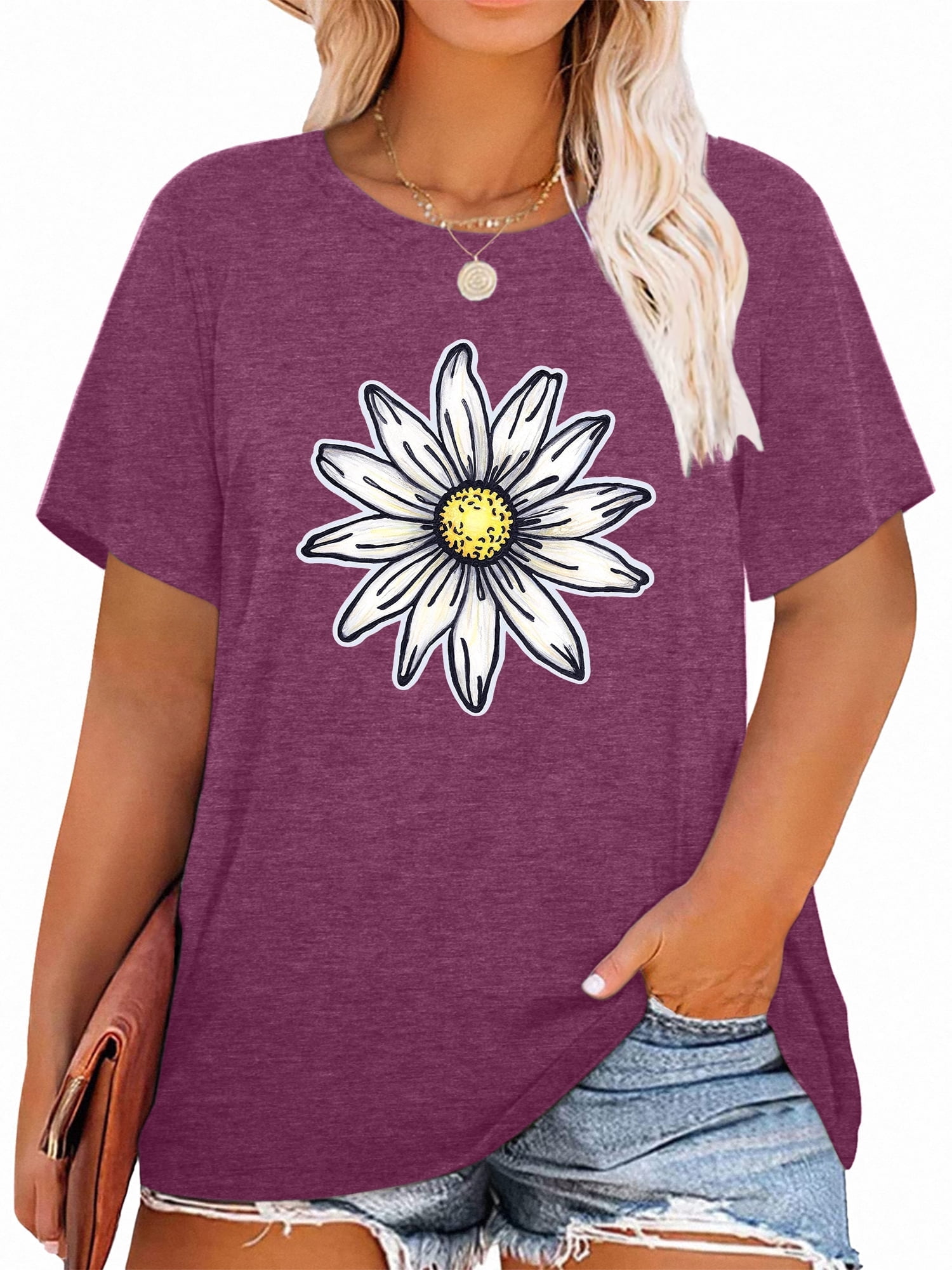 XCHQRTI Womens Daisy Tshirt Graphic Plus Size Casual Shirt Oversized ...