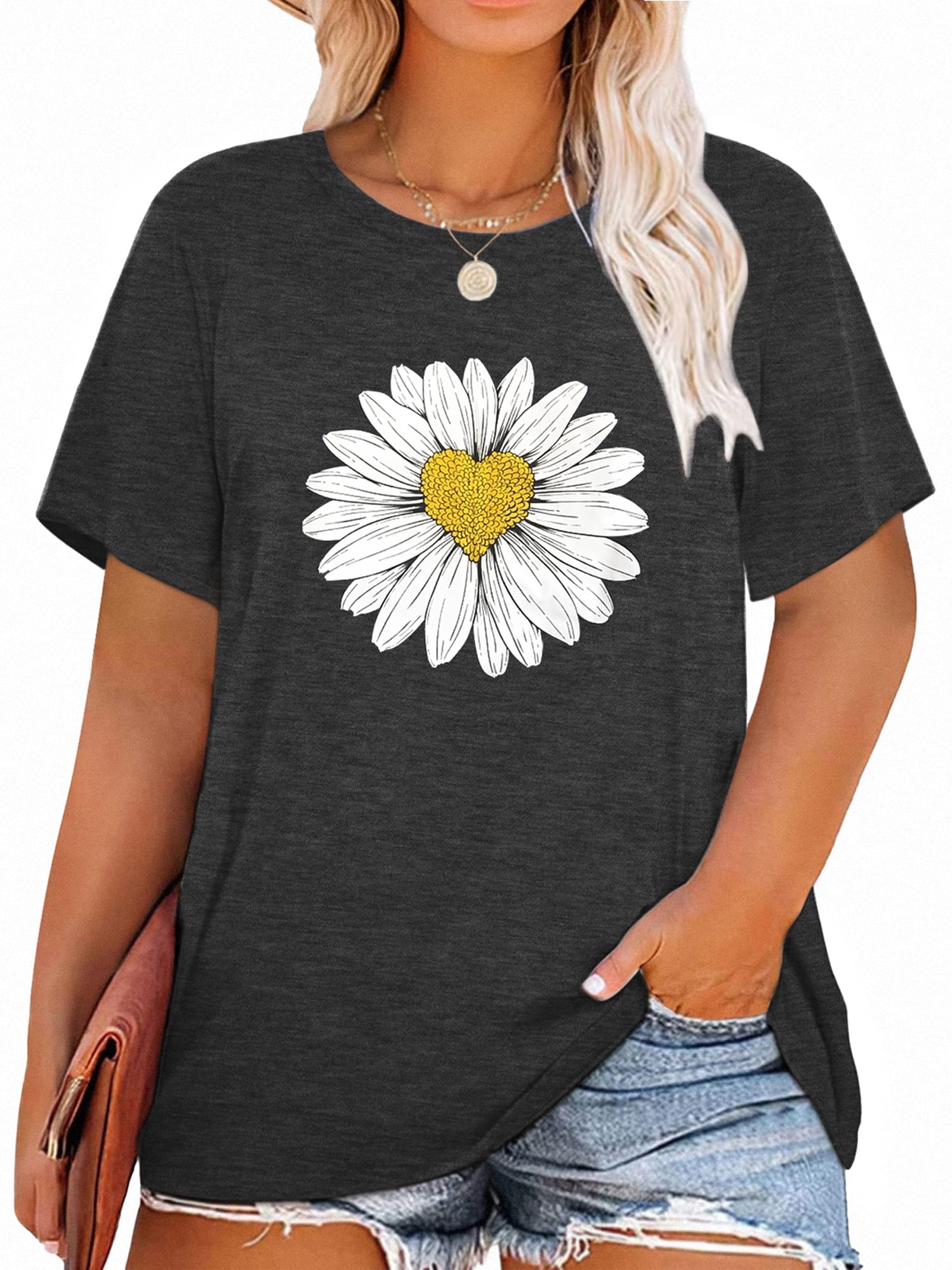 XCHQRTI Womens Daisy Tshirt Graphic Plus Size Casual Shirt Oversized ...