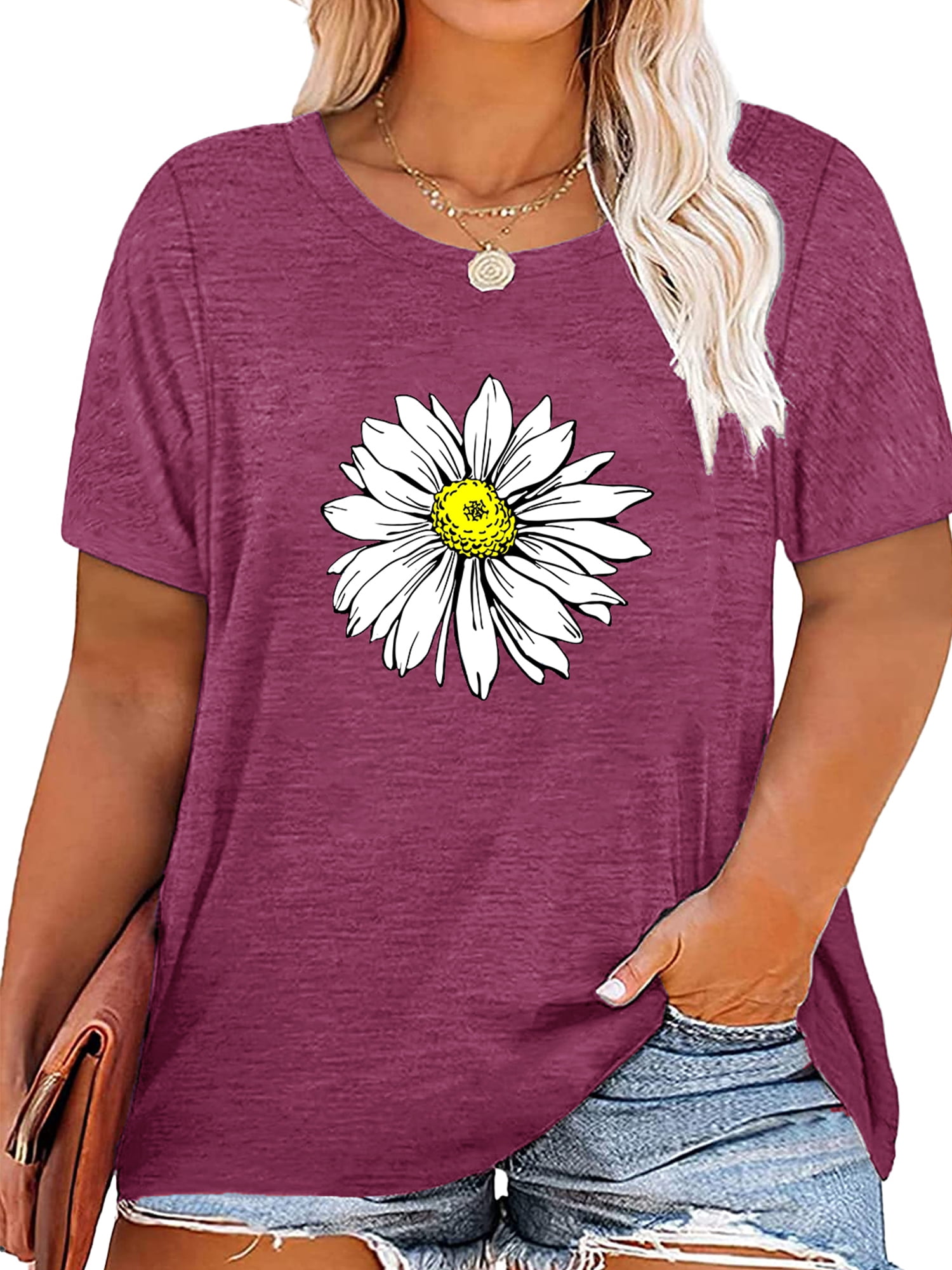 XCHQRTI Womens Daisy Tshirt Graphic Plus Size Casual Shirt Oversized ...