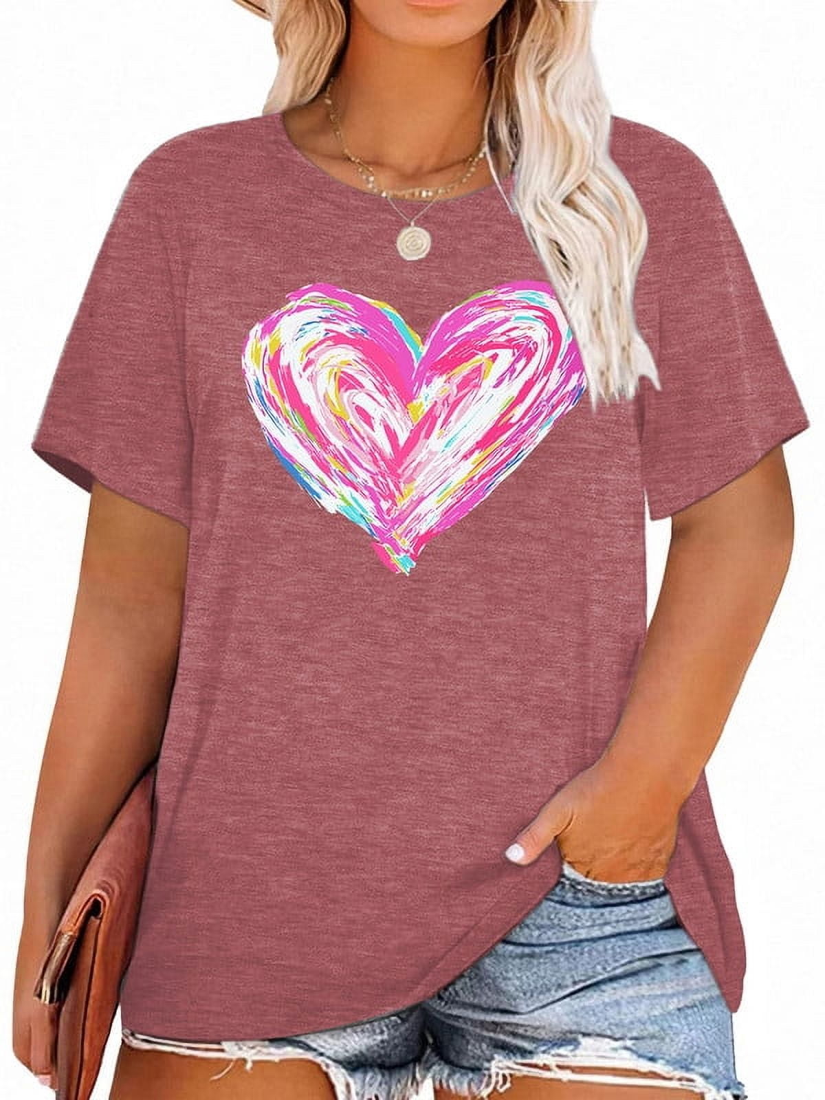 XCHQRTI Womens Love Heart T-Shirts Valentine's Day Graphic Tees Short ...