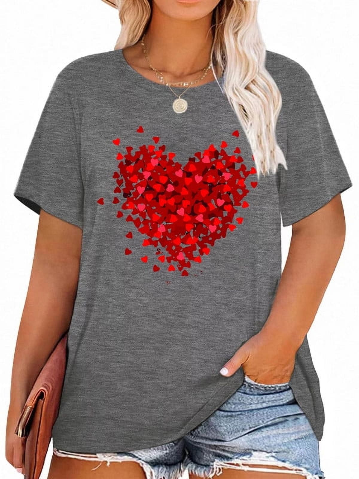 XCHQRTI Womens Love Heart T-Shirts Valentine's Day Graphic Tees Short ...