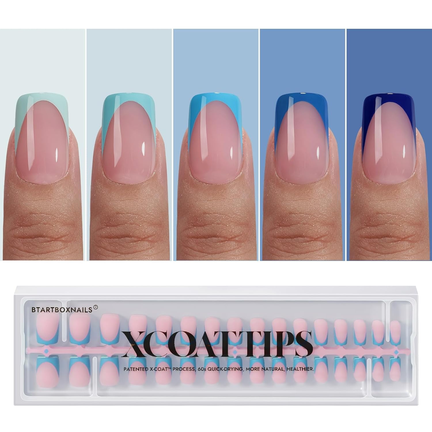 XCOATTIPS French Tip Press On Nails - Blue Press On Nails Short, Square ...