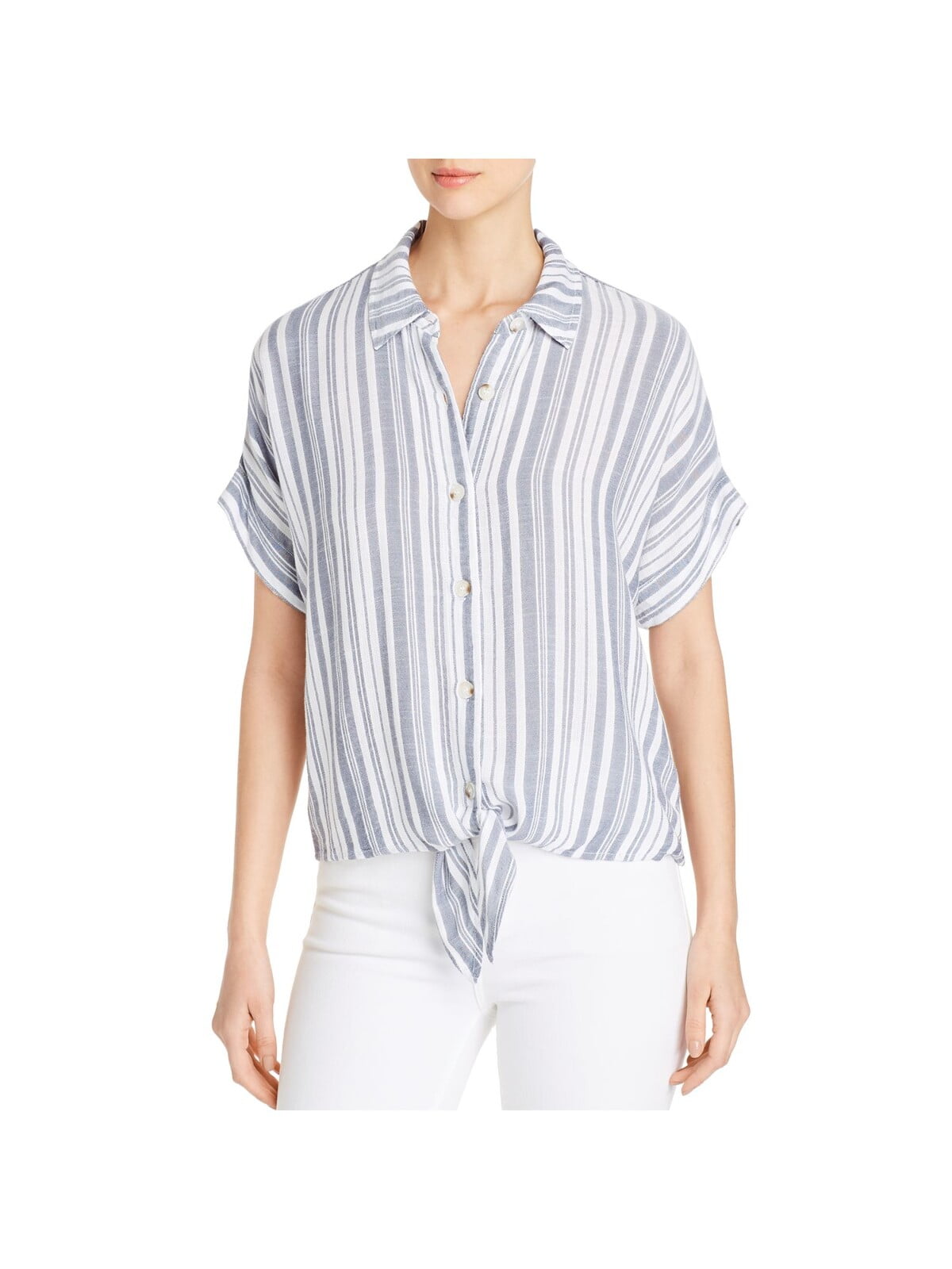 XCVI Womens White Cotton Tie Striped Short Sleeve Collared Wear To Work ...
