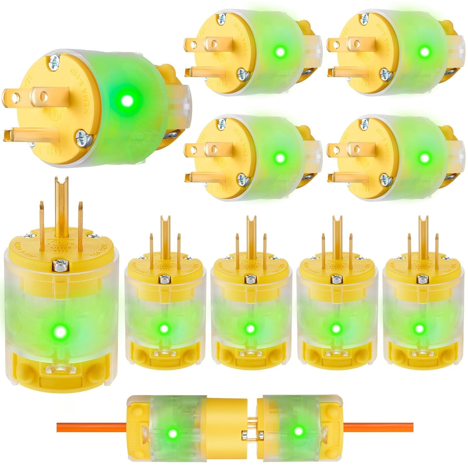 XD-10 Pcs Lighted Grounding Straight Blade Electrical Plugs Connectors ...