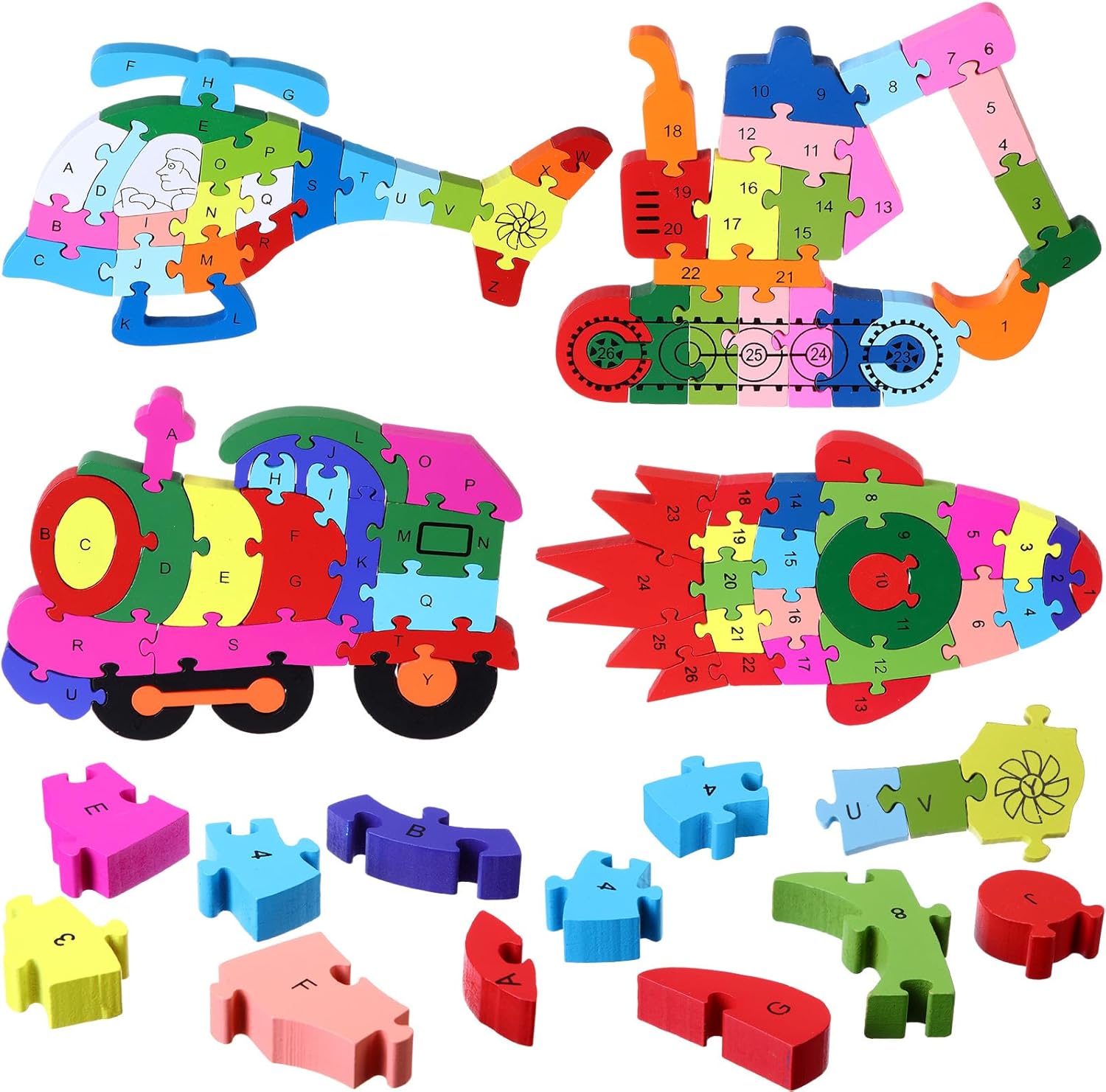 XD-4 Pcs Alphabet Jigsaw Puzzle Building Blocks Wooden Helicopter E ...
