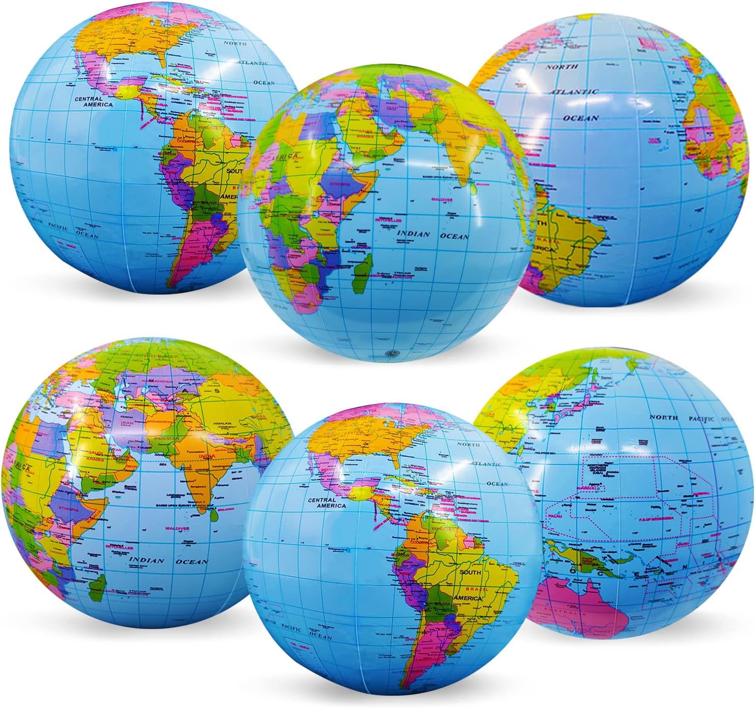 XD-6 Pack Inflatable Beach Balls Bulk Jumbo 16" World Globe Pool Toys ...